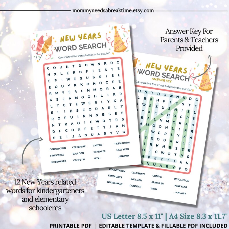 New Years Kids Word Search, New Years Games, New Years Eve Favors ...