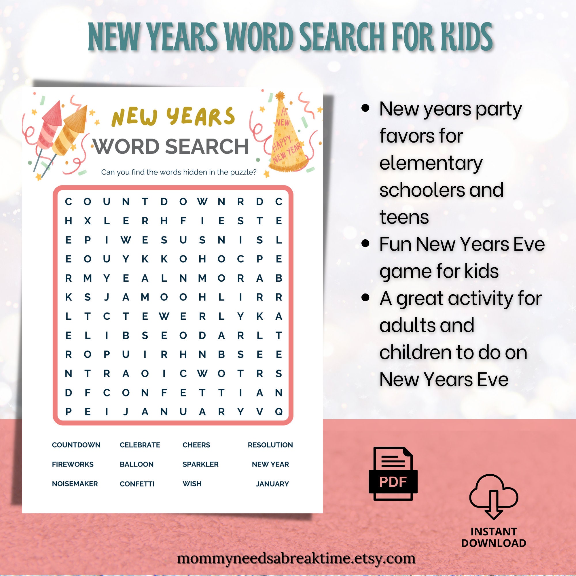 New Years Kids Word Search, New Years Games, New Years Eve Favors ...