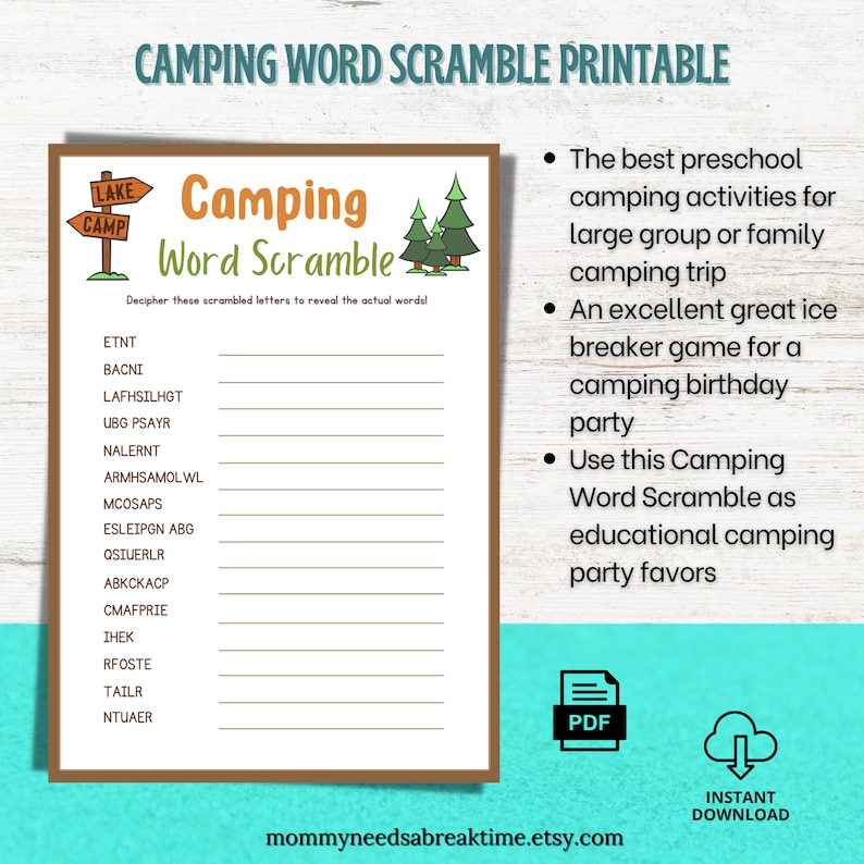 Camping Word Scramble Camping Activities | Road Trip Games Sleepover ...