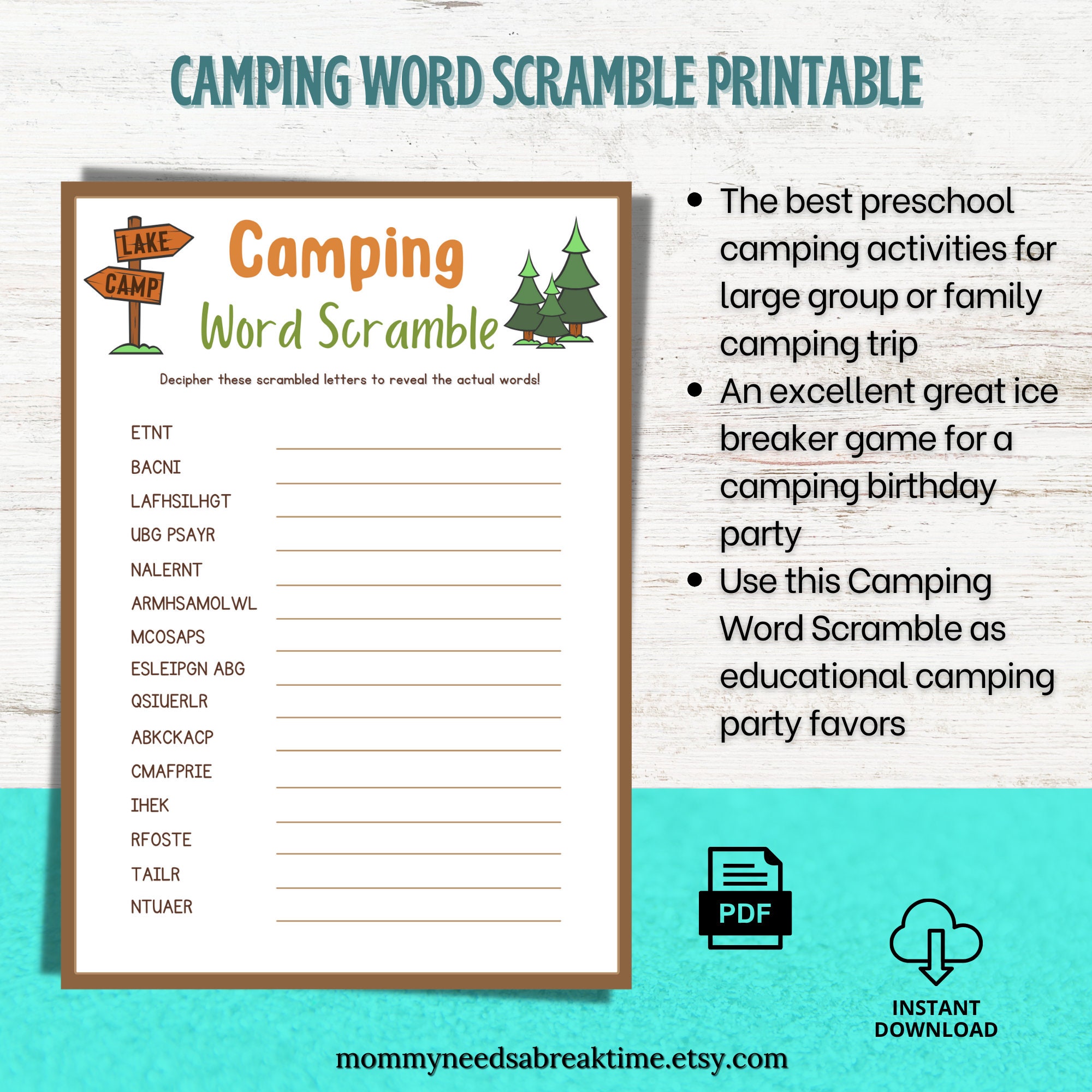 Camping Word Scramble Camping Activities Road Trip Games Sleepover ...
