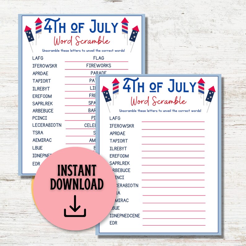 4th of July Word Scramble Game, 4th of July Games Sleepover Games ...