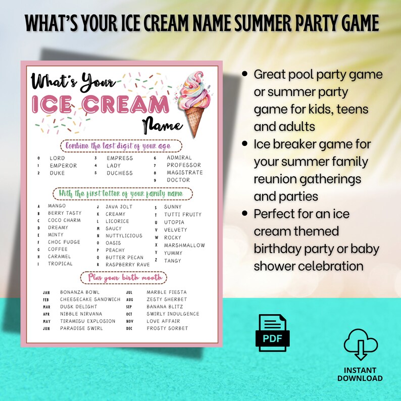 Whats Your Ice Cream Name Summer Name Game, Pool Party Games Slumber ...