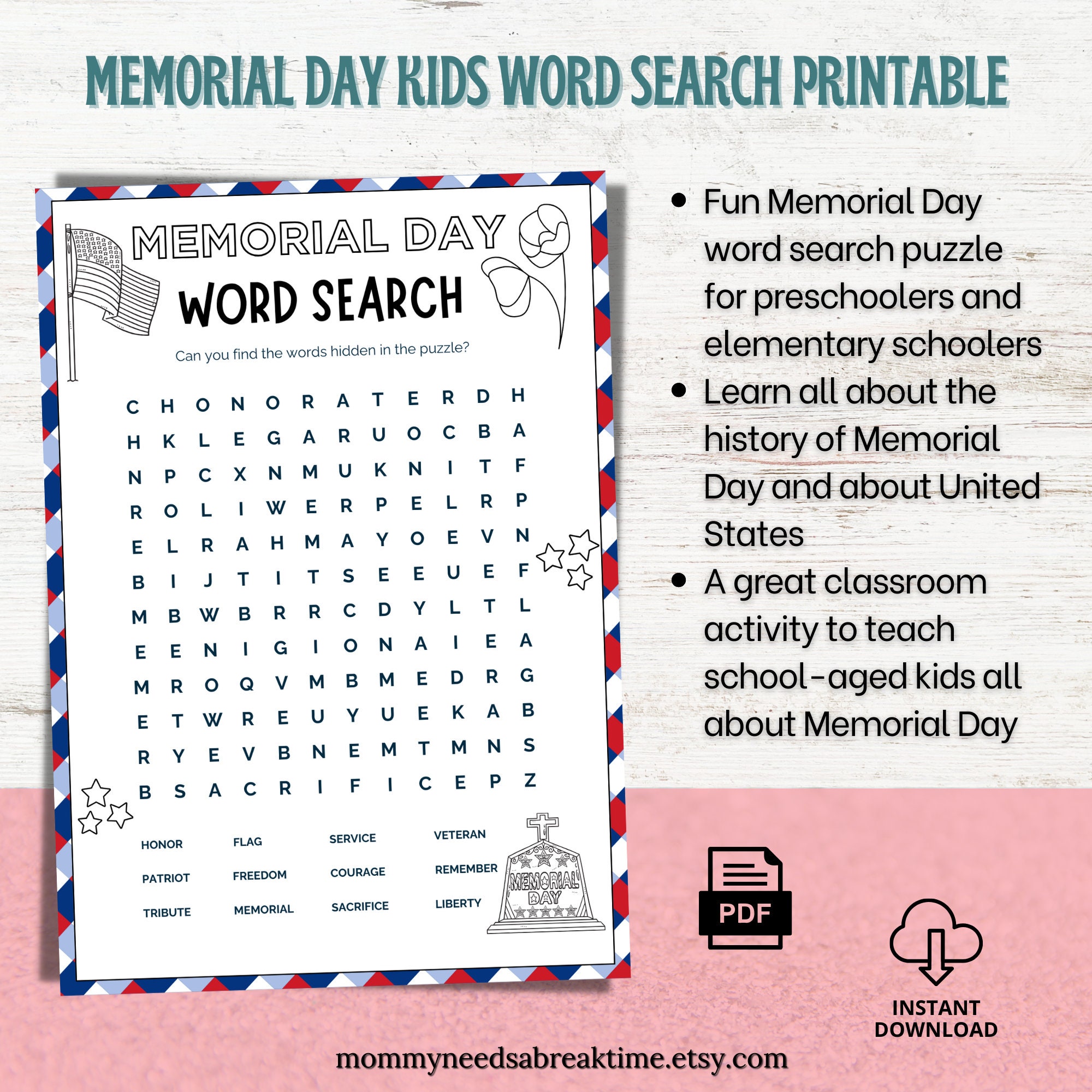 Memorial Day Kids Word Search | Preschool Coloring Montessori Busy Book ...