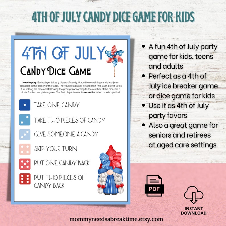 4th of July Candy Dice Printable, 4th of July Games Fourth of July ...