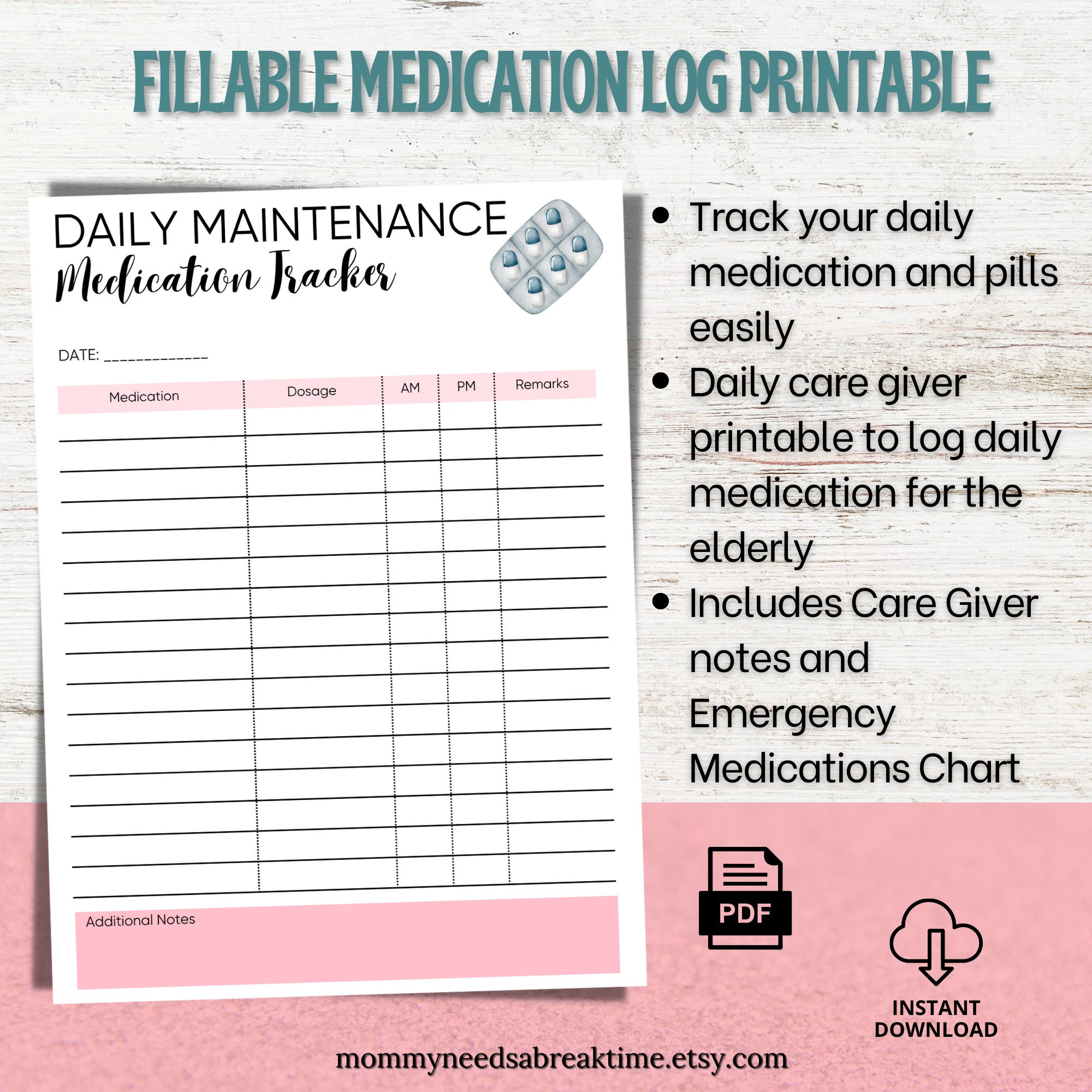 Medication Tracker Printable Medication Log | Daily Medication Log Pill ...