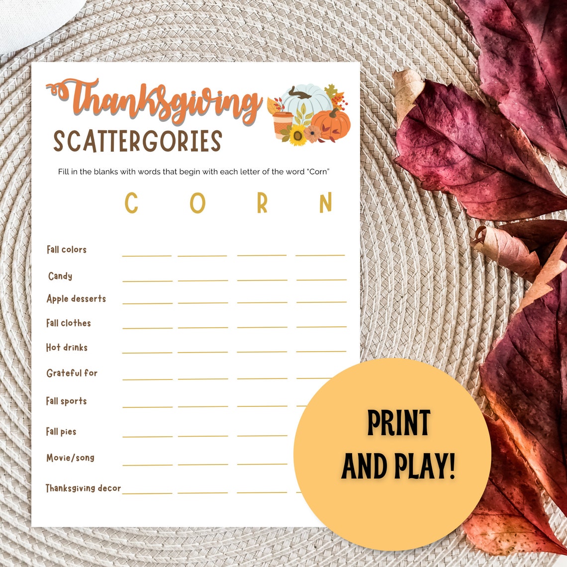 Thanksgiving Scattergories Ice Breaker Games, Friendsgiving Game Family ...