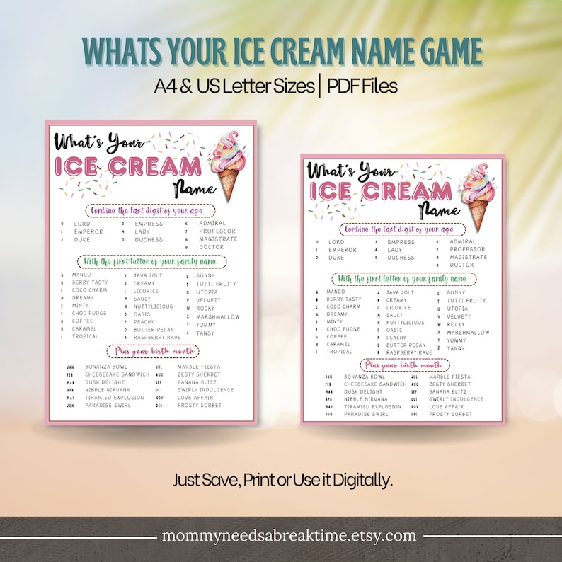 Whats Your Ice Cream Name Summer Name Game, Pool Party Games Slumber ...