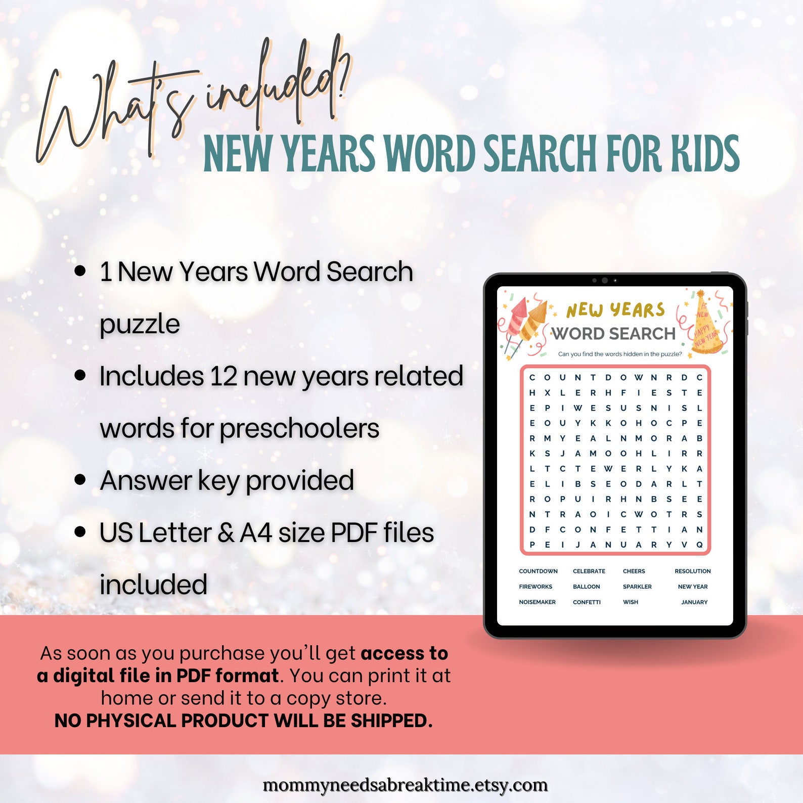 New Years Kids Word Search, New Years Games, New Years Eve Favors ...