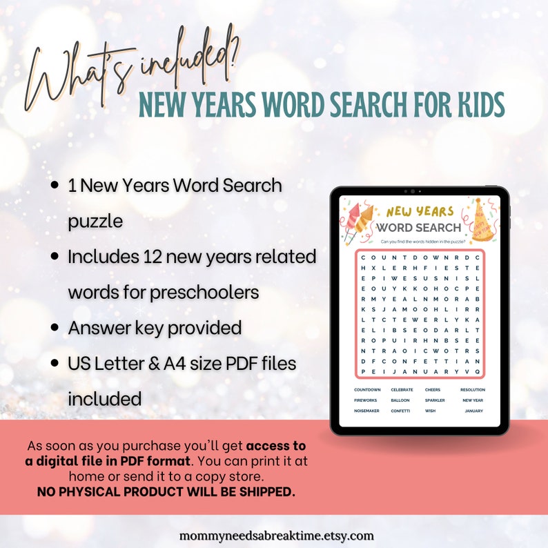 New Years Kids Word Search, New Years Games, New Years Eve Favors ...