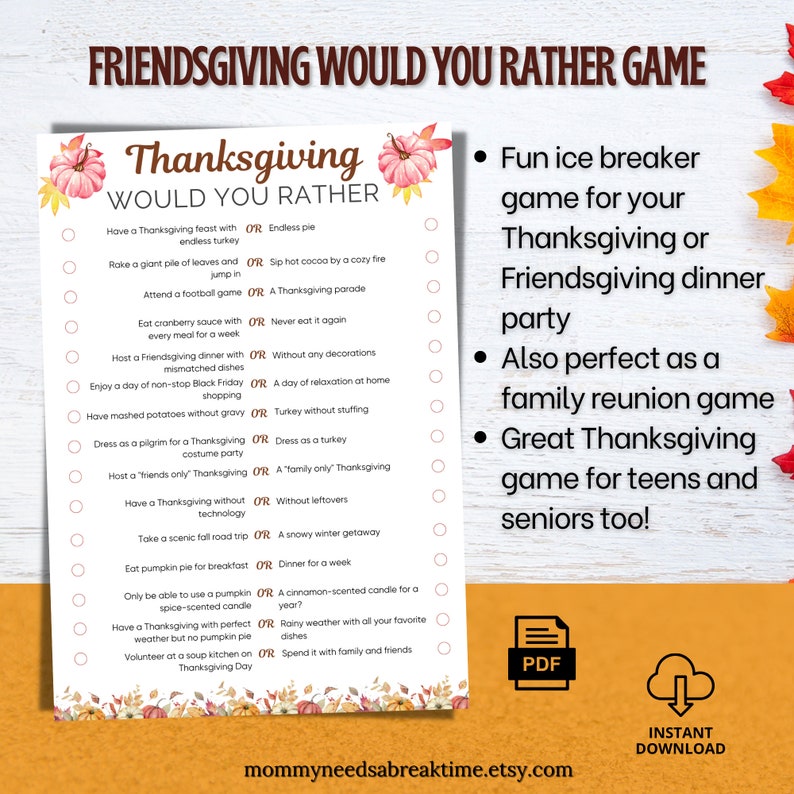 Would You Rather Thanksgiving Game, Fillable Friendsgiving Games Would ...