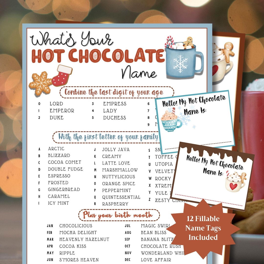 Whats Your Hot Chocolate Name Fillable Name Tags, Hot Chocolate Name ...