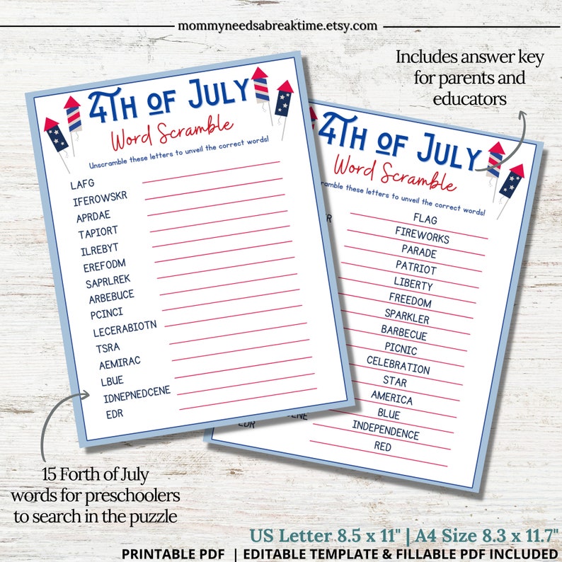 4th of July Word Scramble Game, 4th of July Games Sleepover Games ...