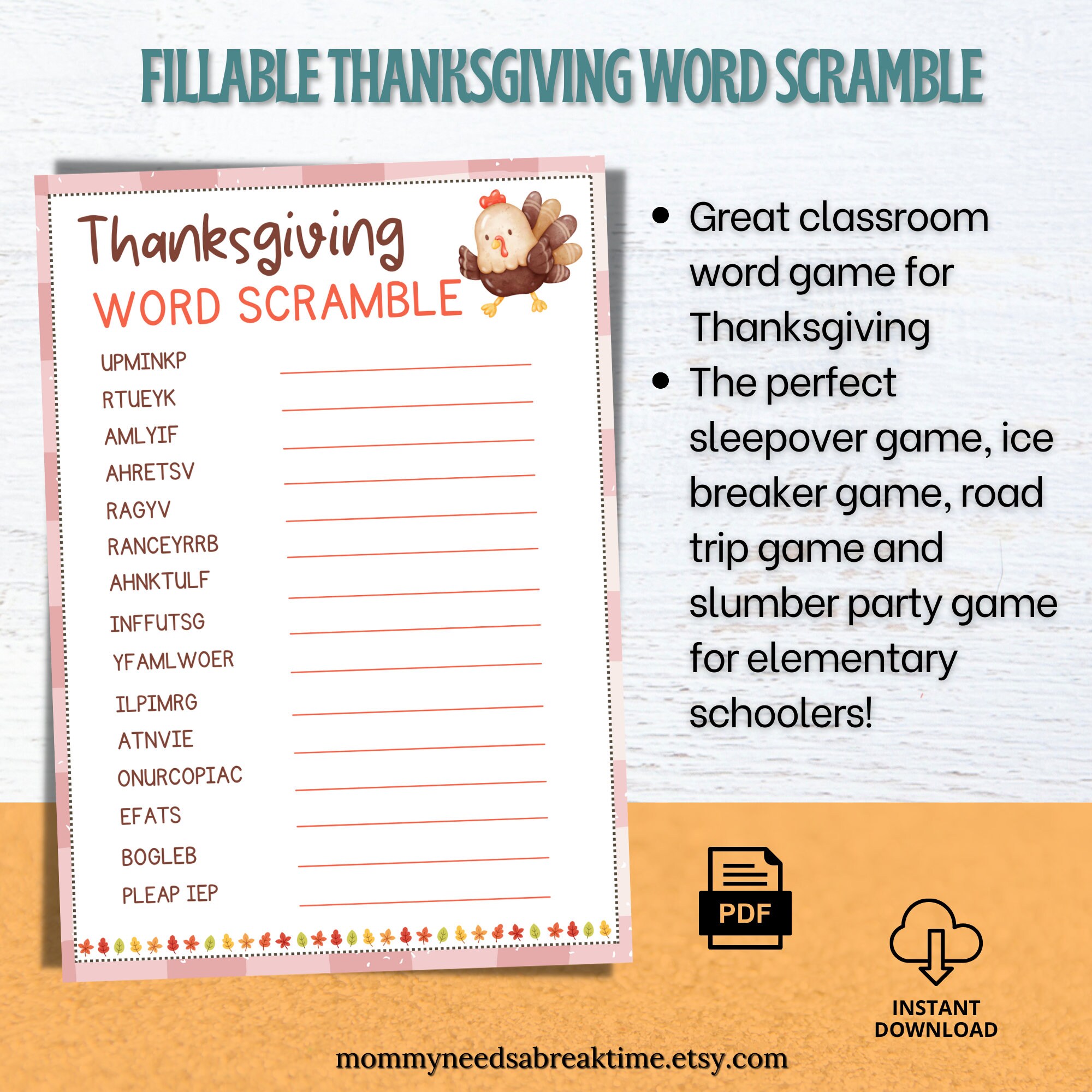 Fillable Thanksgiving Word Scramble | Kids Word Scramble Class ...
