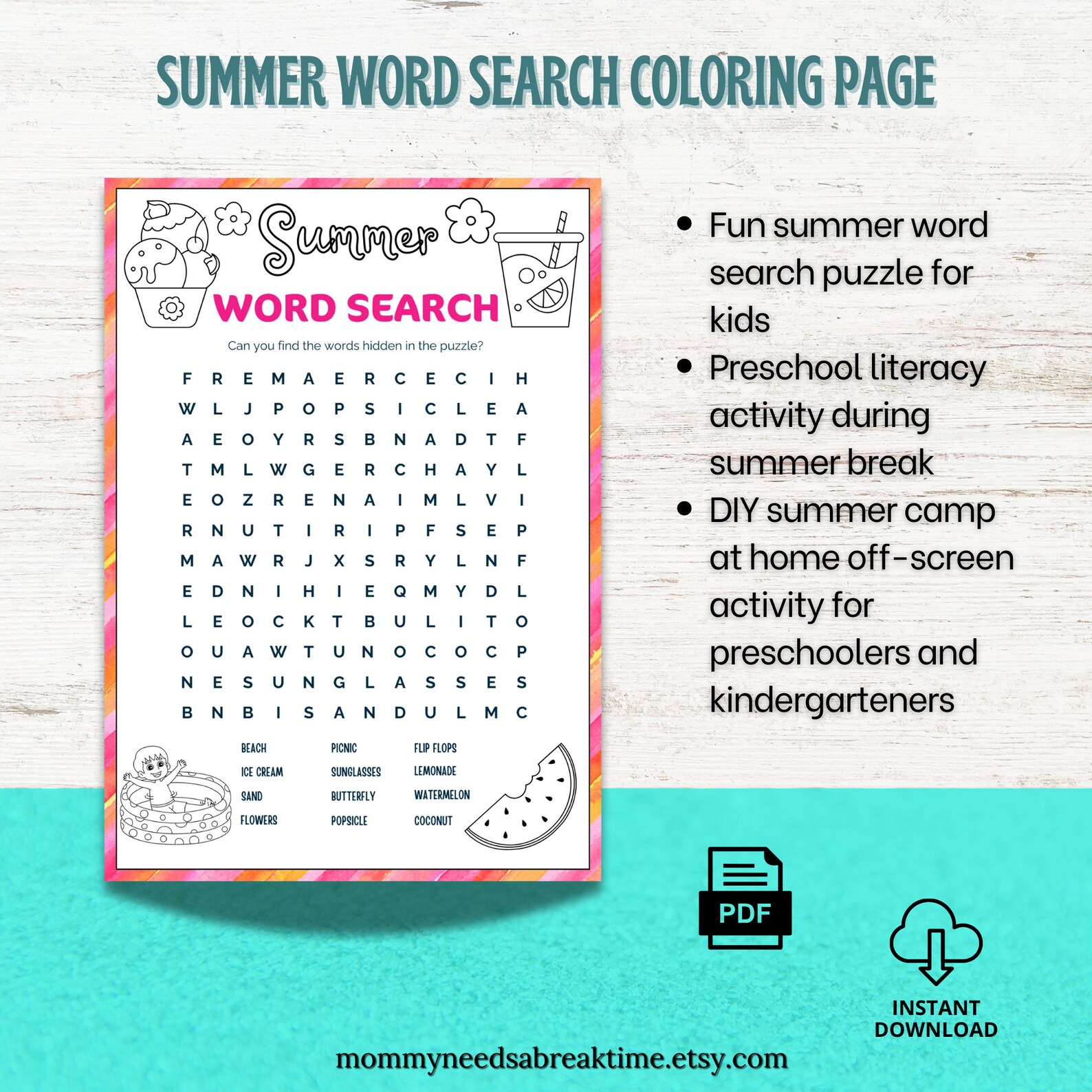 Summer Word Search Preschool Busy Book, Summer Camp Activity Summer ...