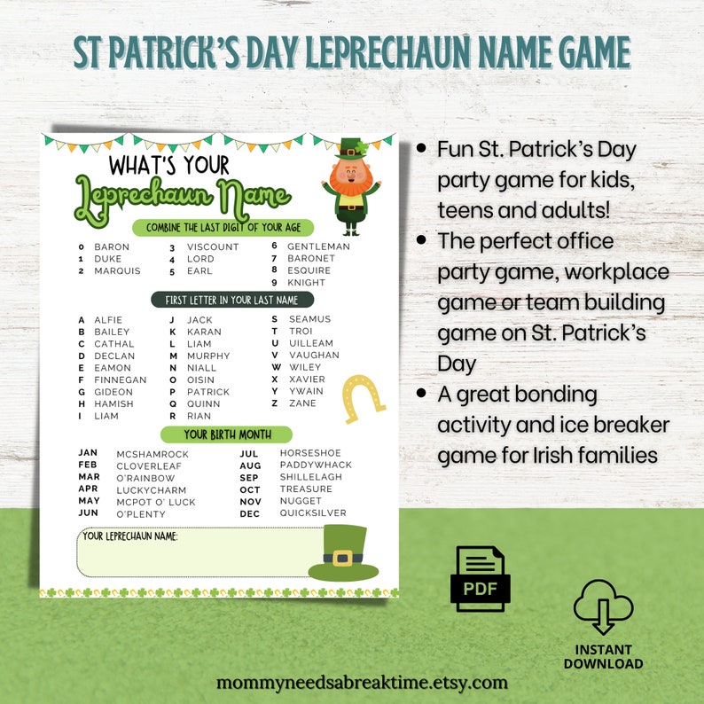 Whats Your Leprechaun Name St Patricks Day Game, St Pattys Day Game ...
