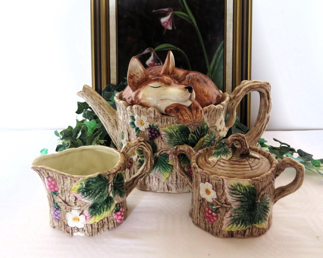 Fitz and Floyd - Vintage 1990 Red Fox Teapot, Cream and Sugar Set - Etsy