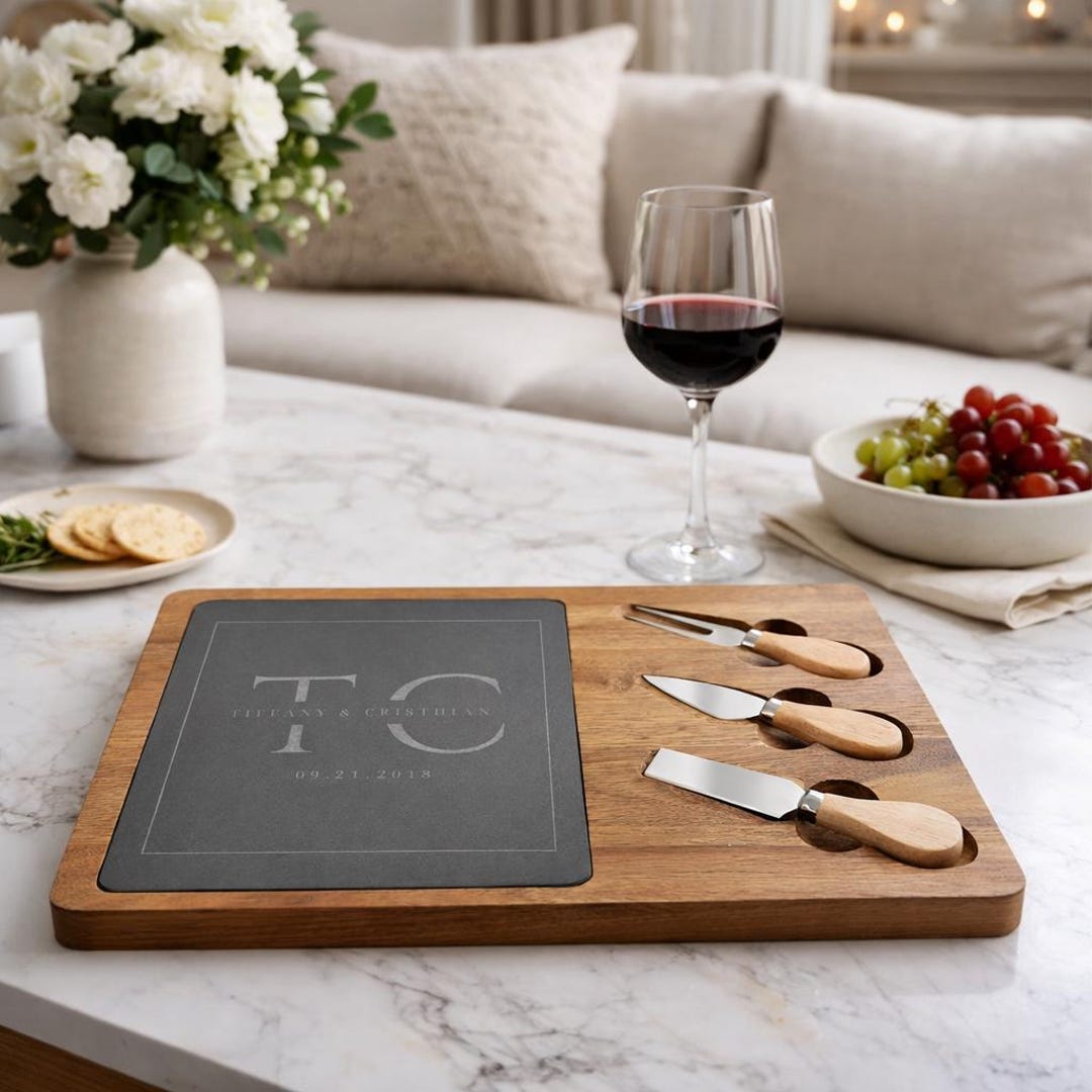 Monogram Slate Inset Charcuterie Board With Cheese Knives | Engraved ...