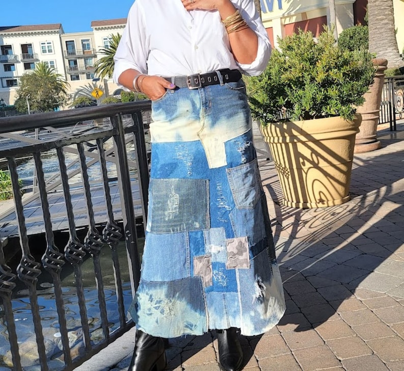 Denim Patchwork Maxi Skirt, Hand Pieced Redesigned Patchwork Jean Skirt ...