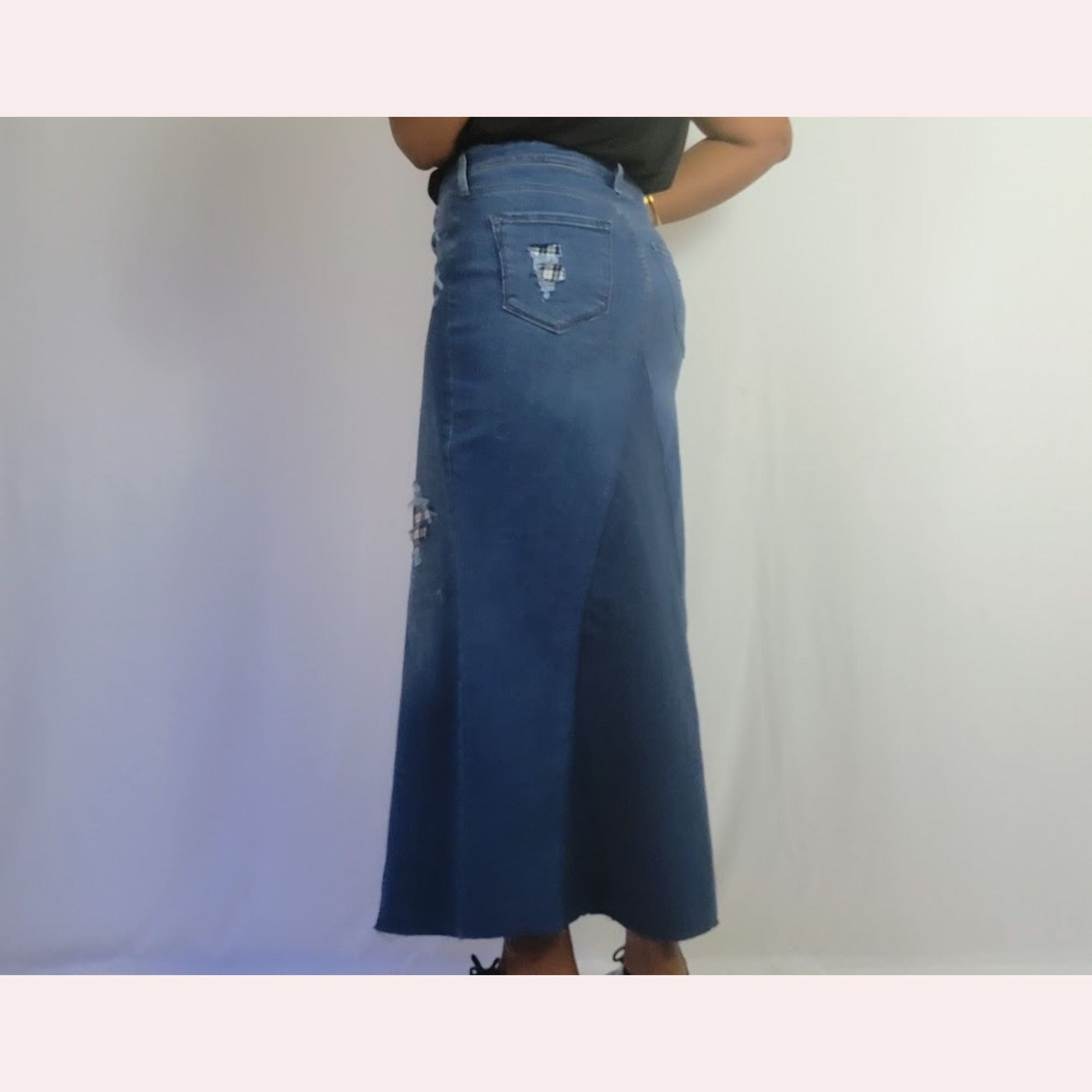 Plus Size Stretch Denim Patchwork Skirt, Casual Distressed Dark Denim ...