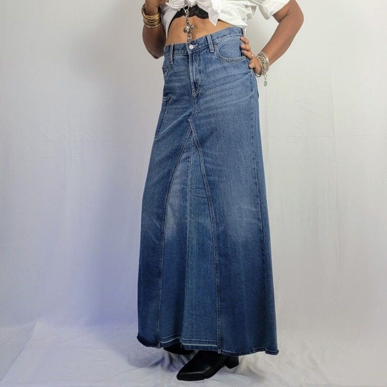 Patched Denim Maxi Skirt, Flared Mermaid Style Jean Skirt, Frayed ...