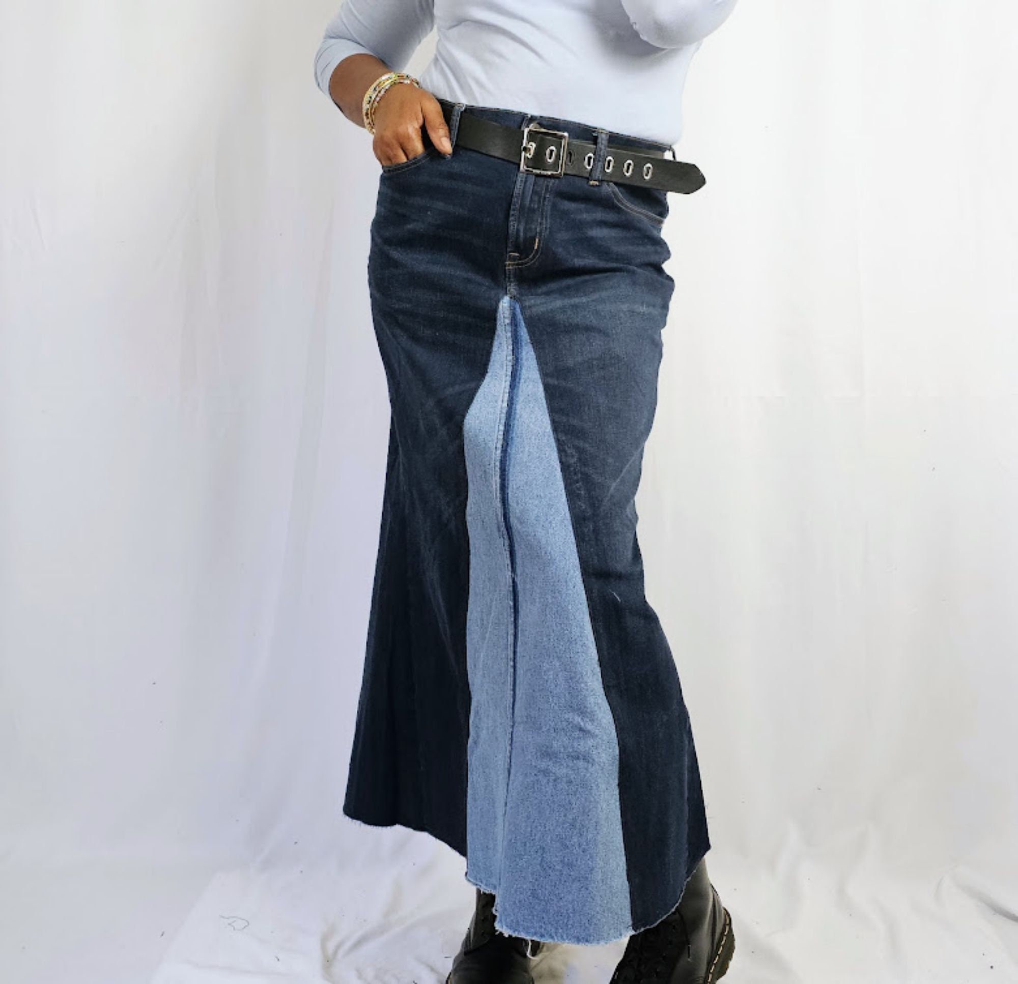 Two Tone Denim Maxi Skirt, Customized Hand Pieced Patchwork Long Jean ...