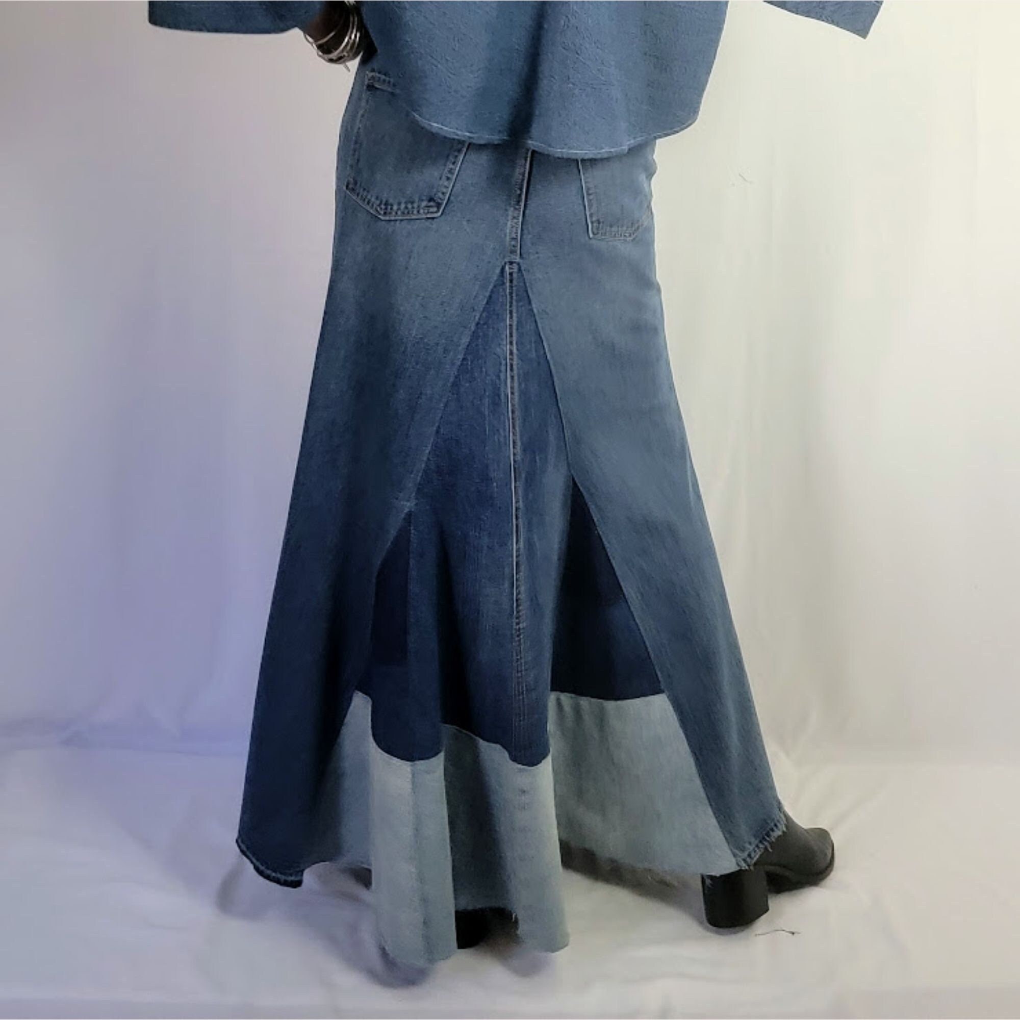 Denim Maxi Skirt, Remade Pieced Patchwork Denim Maxi Swing Skirt, Fit ...