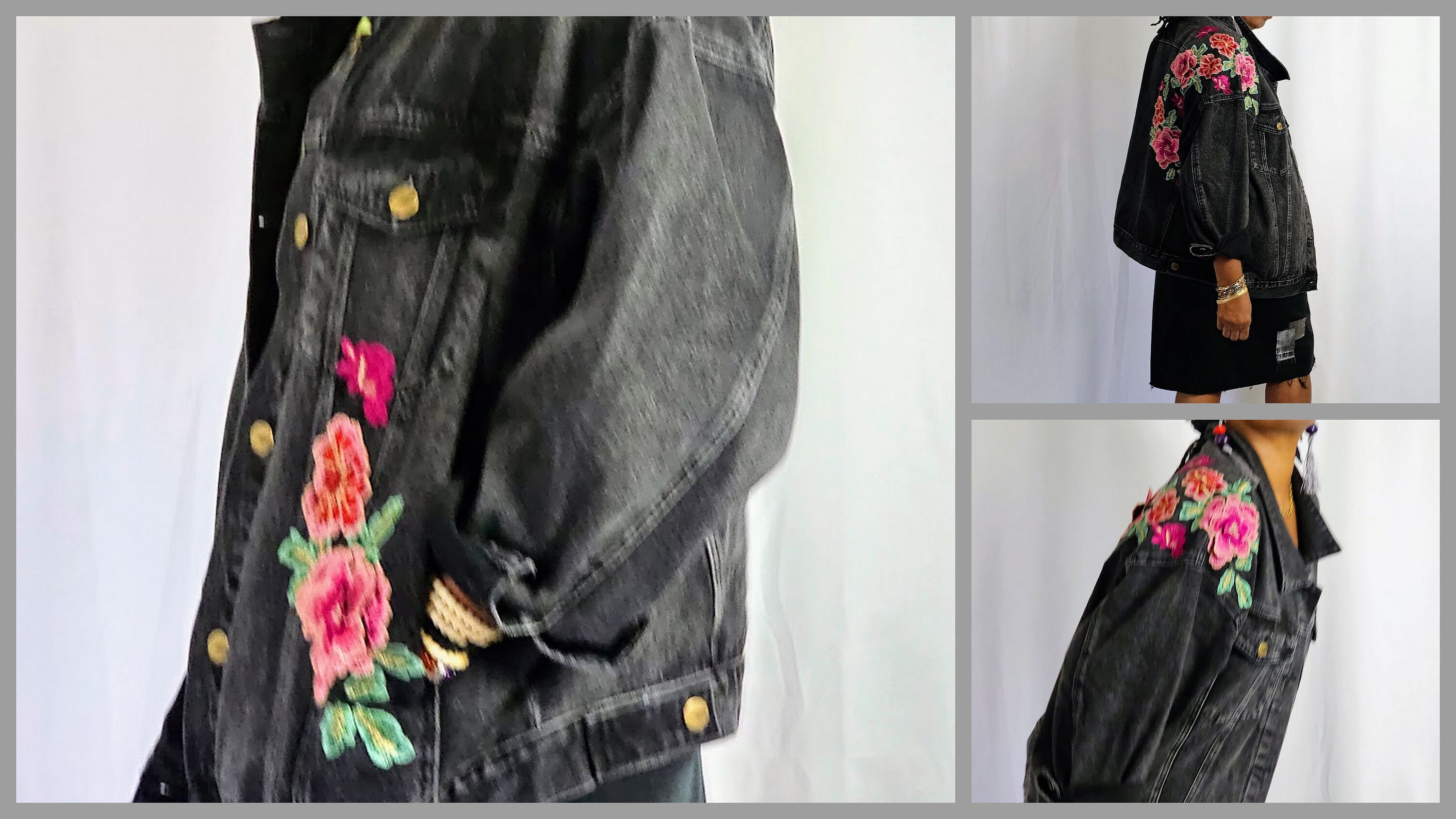 Plus Size Black Floral Embroidered Applique Customized Cotton Jean ...