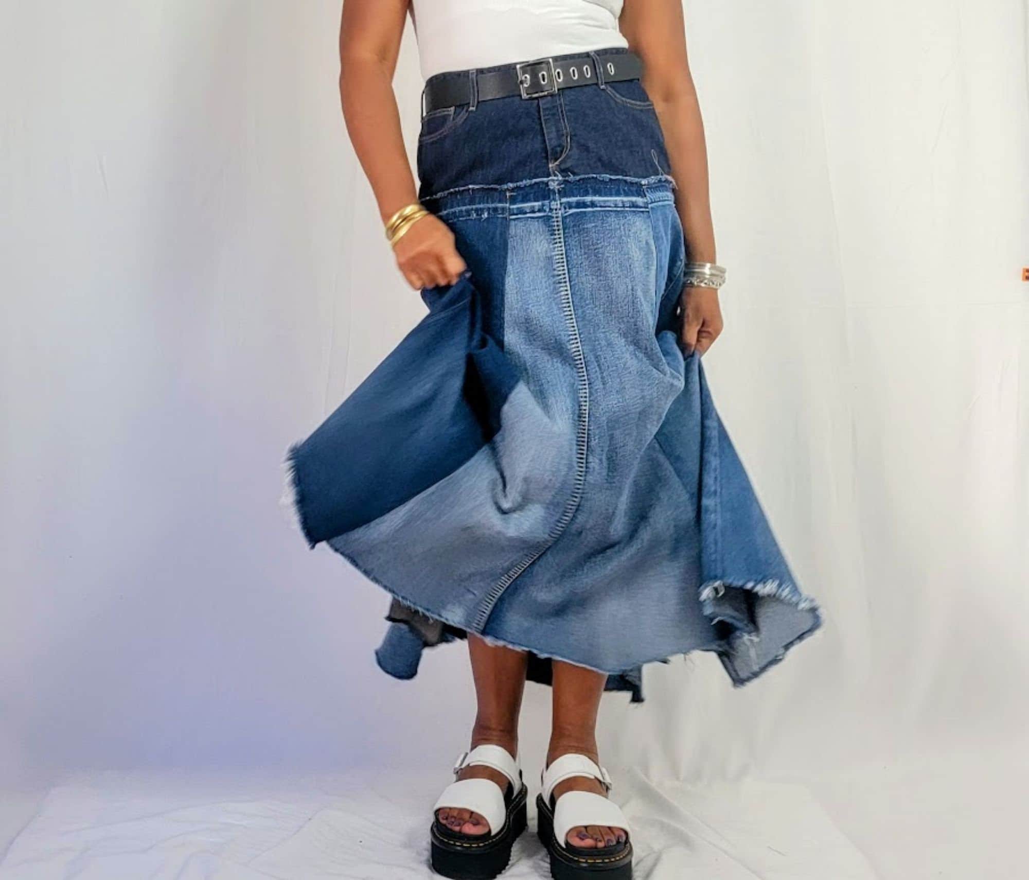 Asymmetrical Hem Frayed Patchwork Denim Skirt, Upcycled Pieced ...