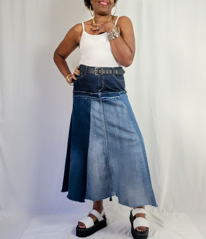 Asymmetrical Hem Frayed Patchwork Denim Skirt Upcycled Pieced - Etsy