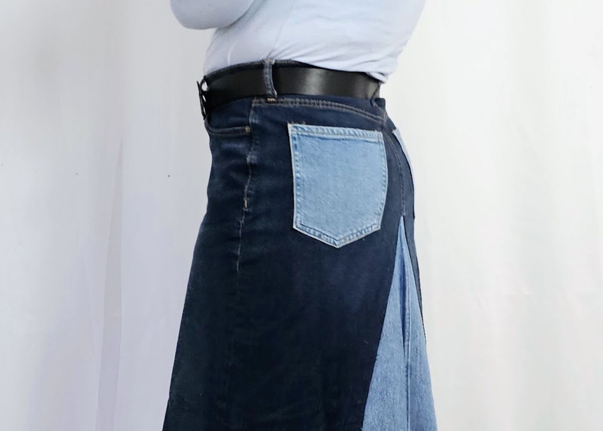 Two Tone Denim Maxi Skirt, Customized Hand Pieced Patchwork Long Jean ...
