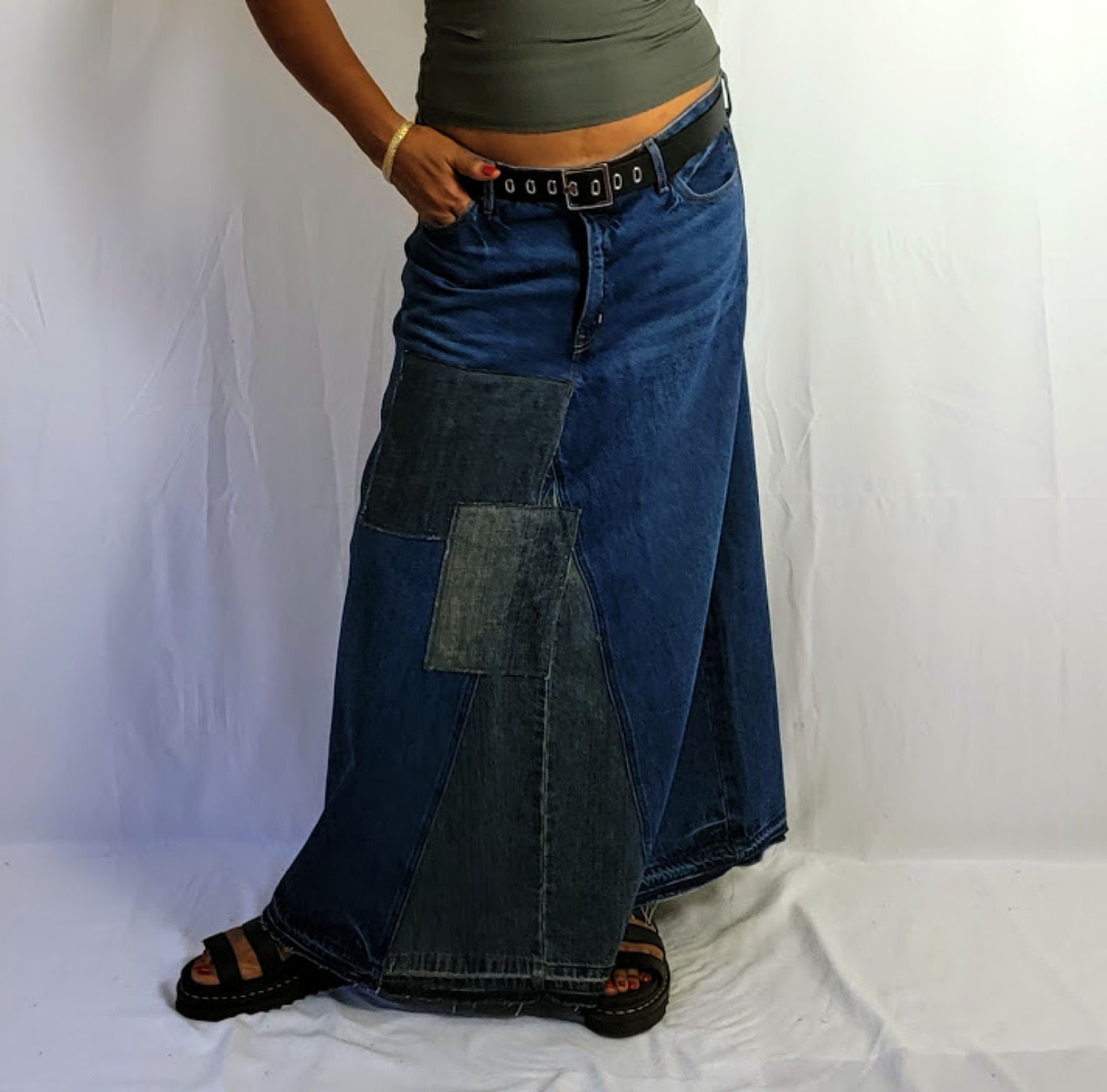 A-line Denim Maxi Skirt, Dark Blue Patchwork Hippie Jean Skirt, Swing ...
