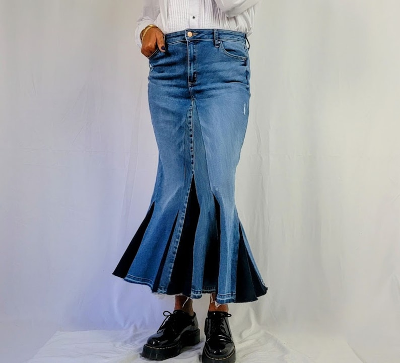 Women's Long Jean Fish Tail Skirt, High Waisted Medium Washed Peplum ...