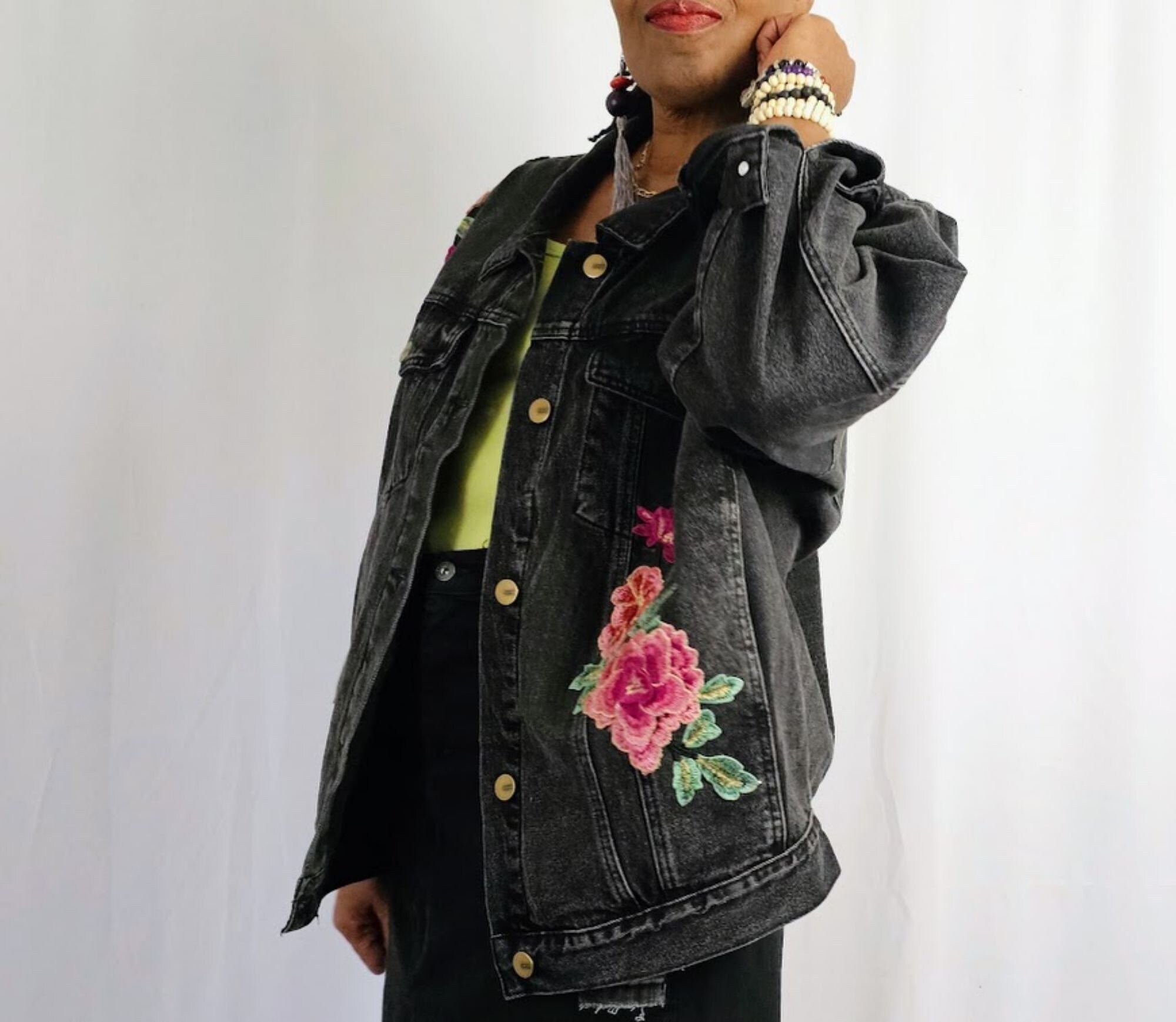 Plus Size Black Floral Embroidered Applique Customized Cotton Jean ...
