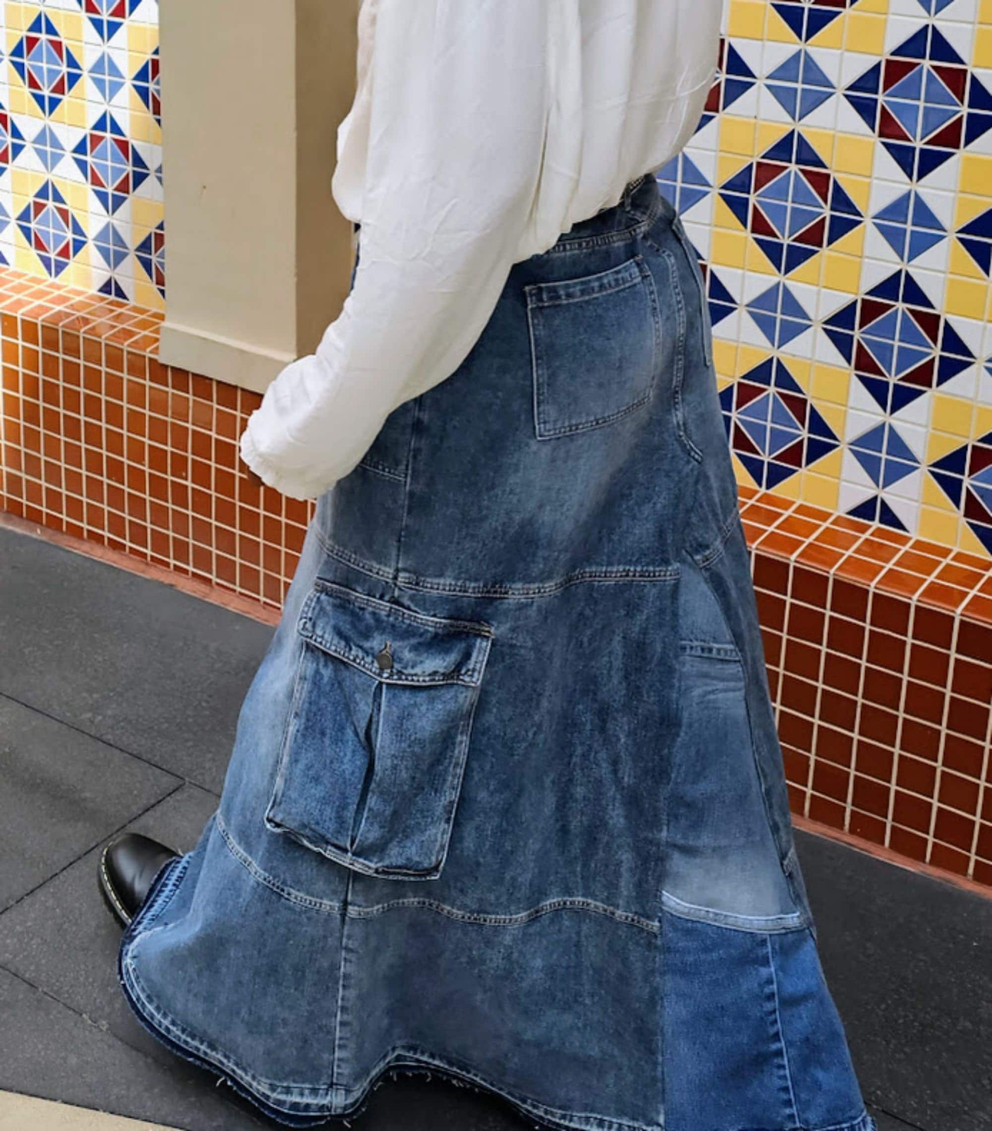 A-line Cargo Denim Skirt, Customized Hand Pieced Patchwork Jean Skirt ...