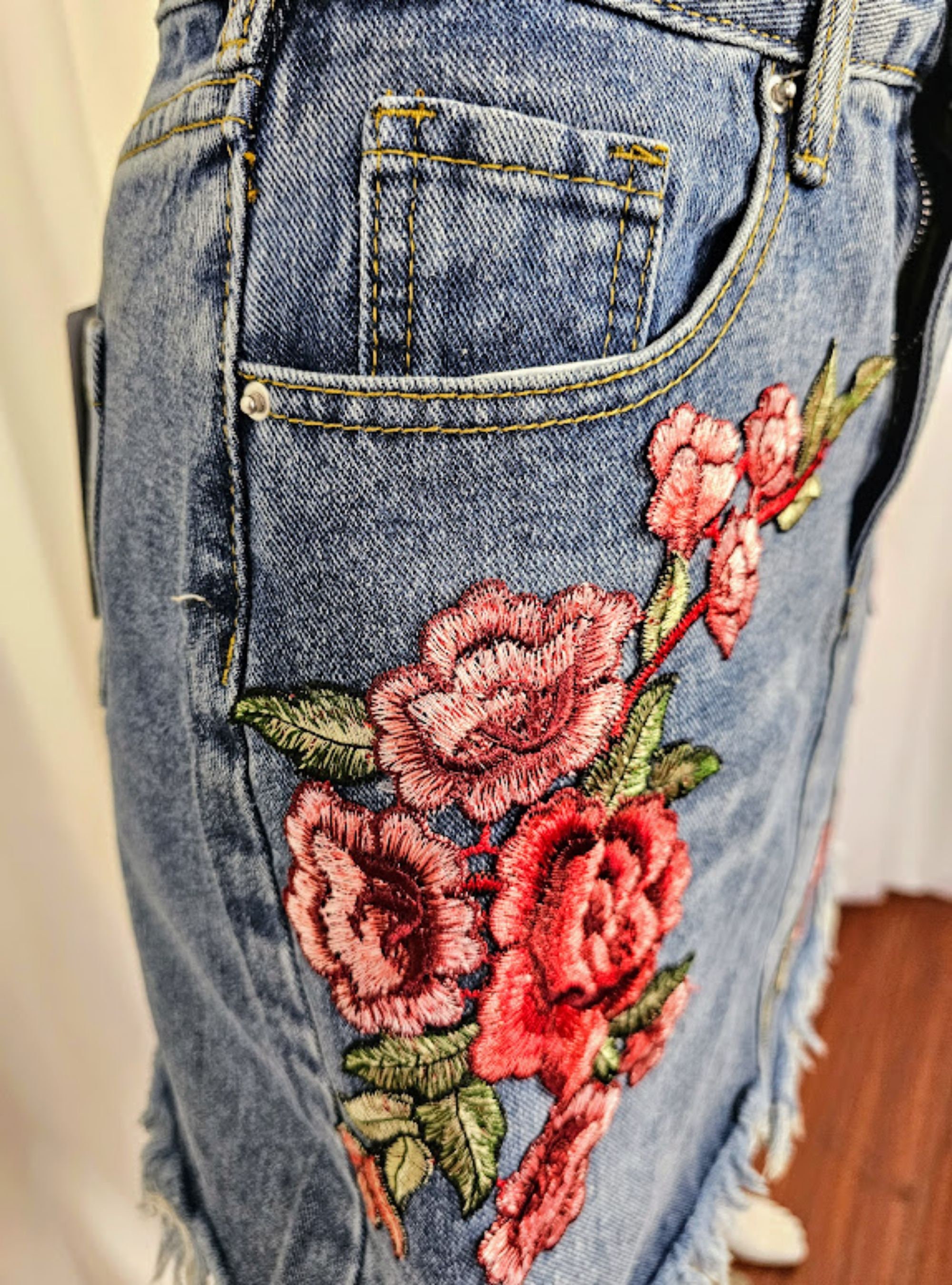 Rose Embroidery Applique Denim Mini Skirt, Asymmetrical Frayed Hem ...