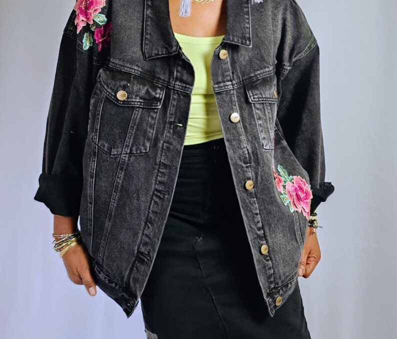 Plus Size Black Floral Embroidered Applique Customized Cotton Jean ...