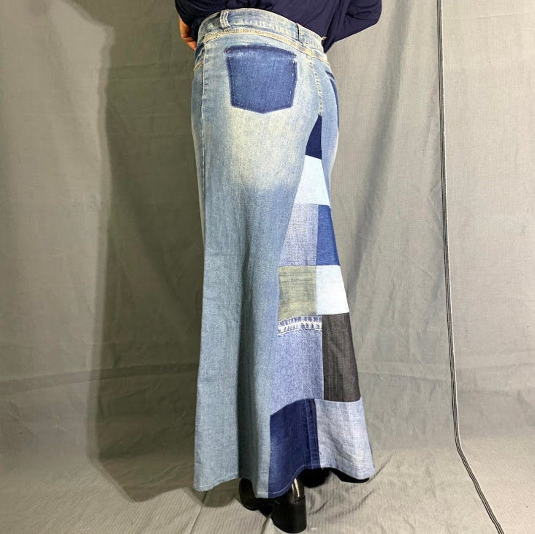 Handmade Upcycled Denim Skirt Patchwork Stretch Denim Long Skirt NBB49 ...