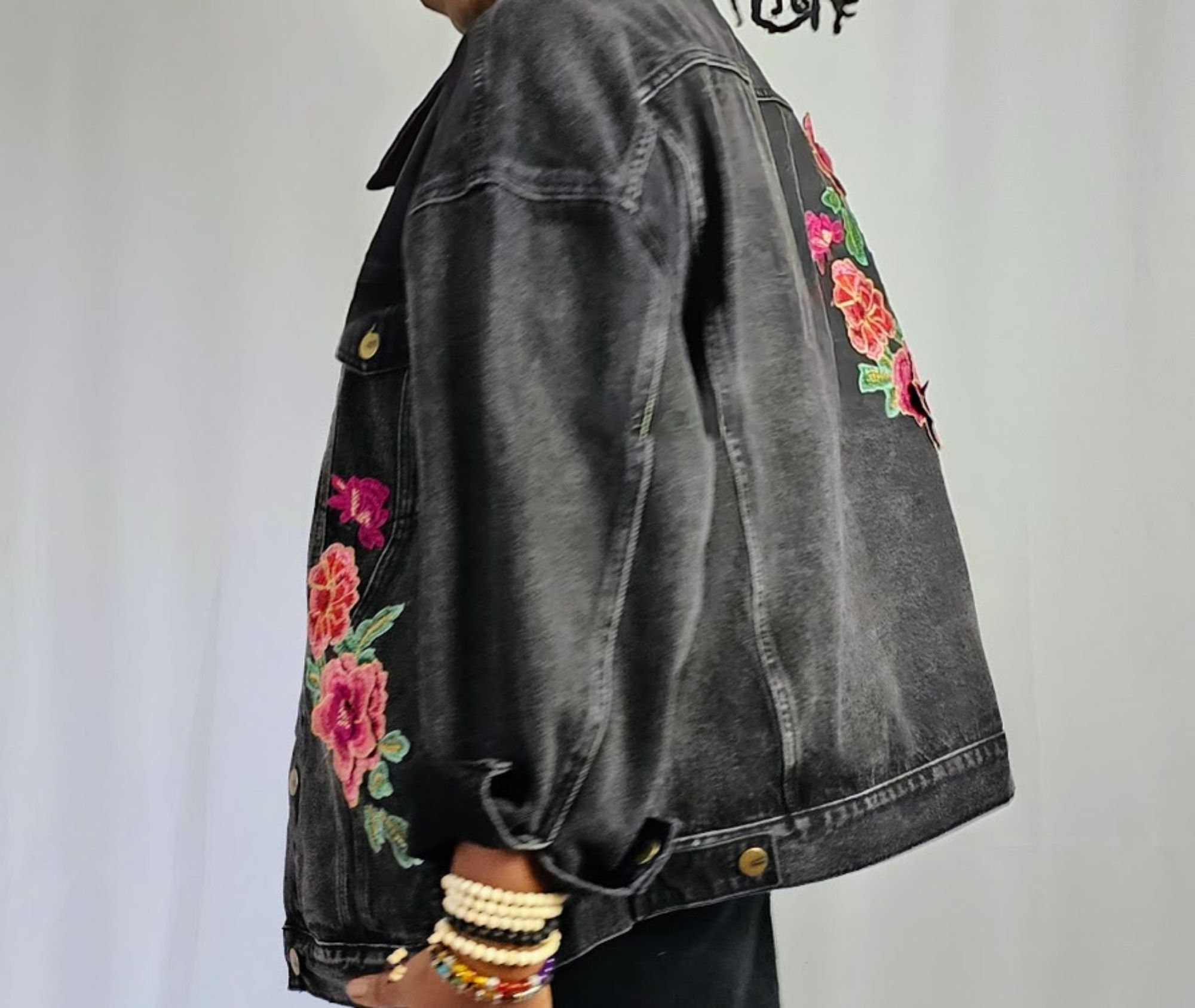 Plus Size Black Floral Embroidered Applique Customized Cotton Jean ...