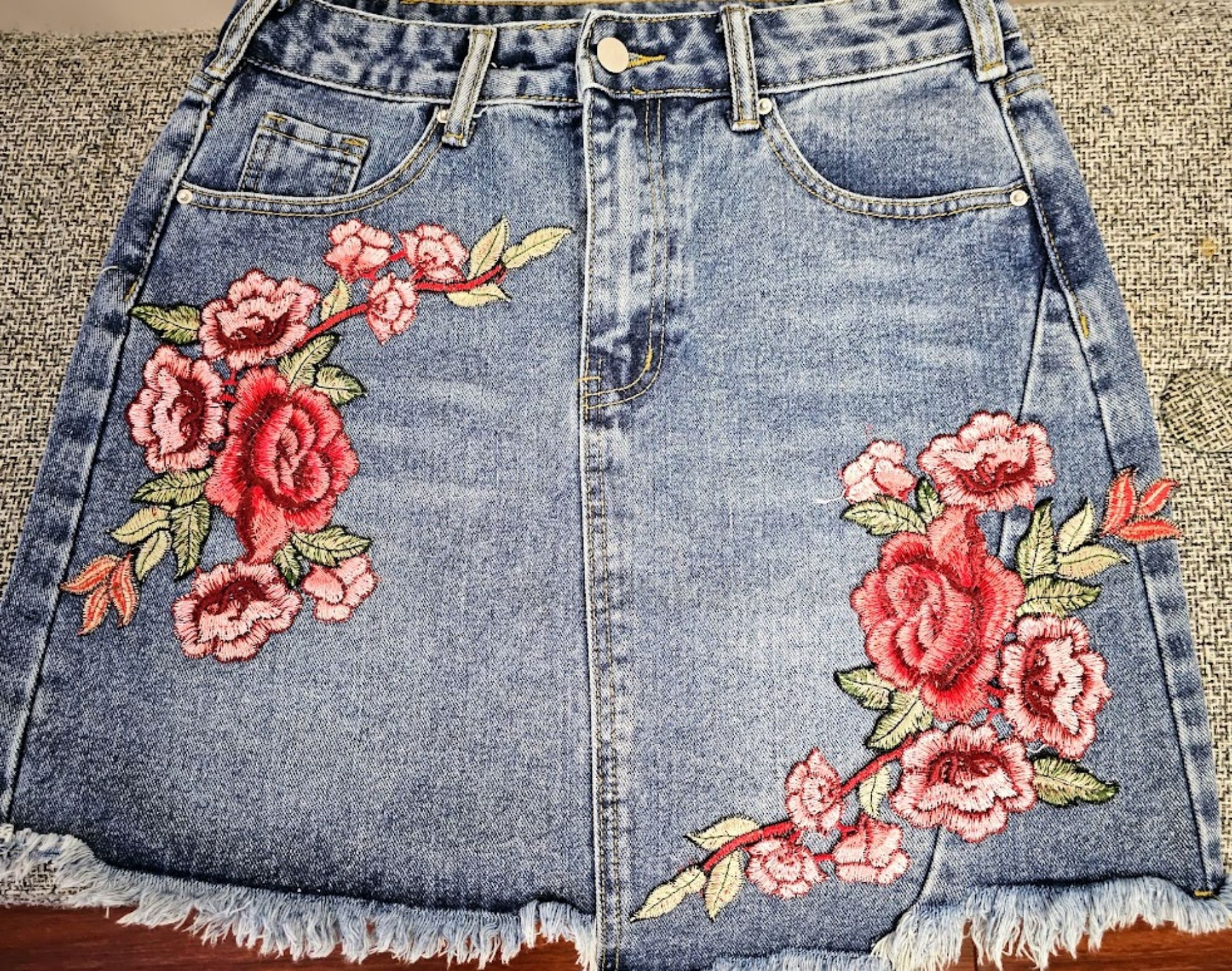 Rose Embroidery Applique Denim Mini Skirt, Asymmetrical Frayed Hem ...