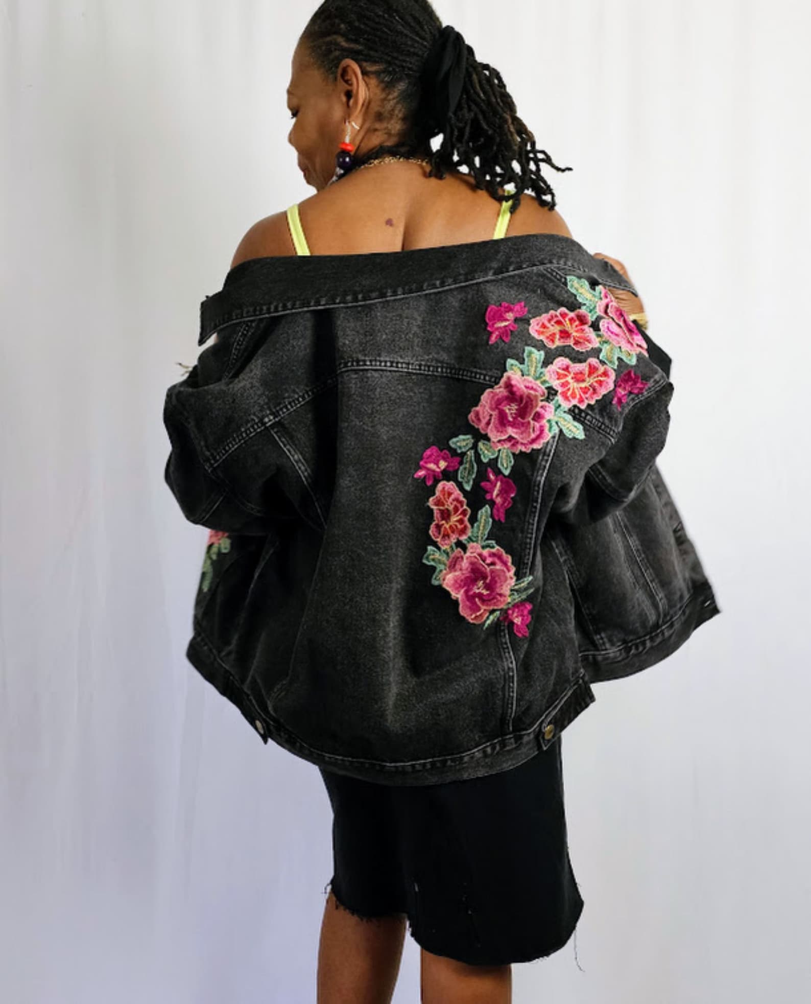 Plus Size Black Floral Embroidered Applique Customized Cotton Jean ...