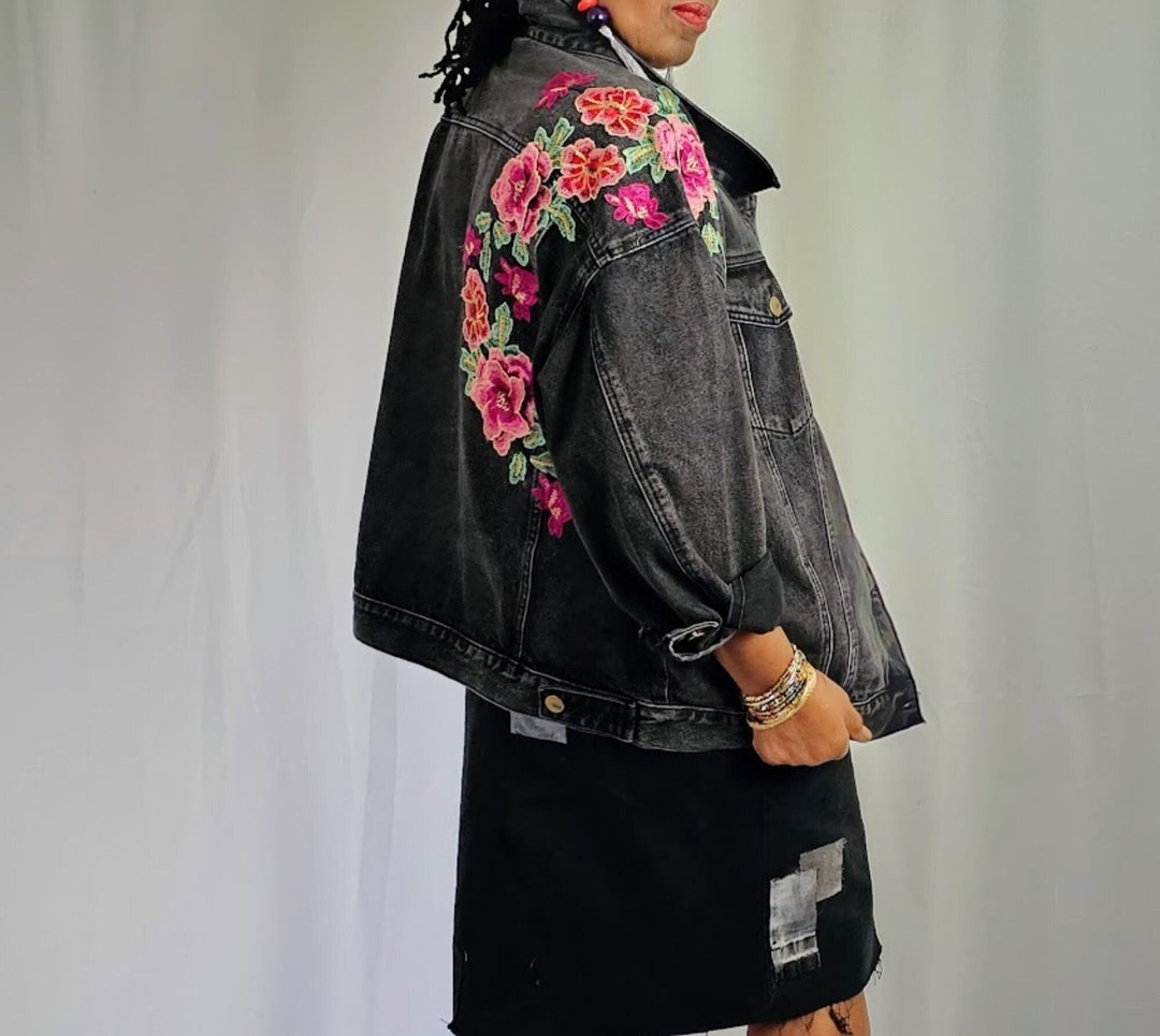 Plus Size Black Floral Embroidered Applique Customized Cotton Jean ...