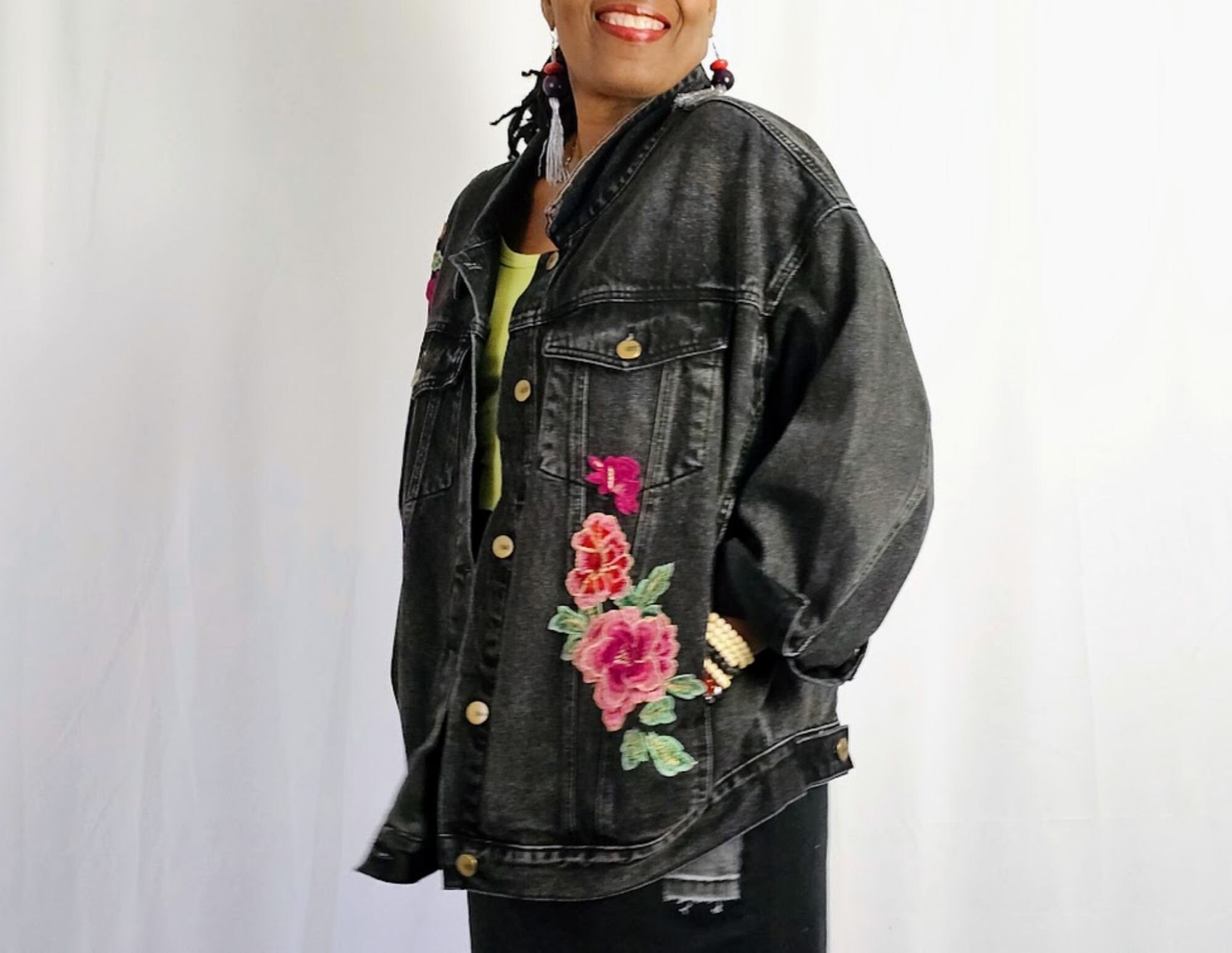 Plus Size Black Floral Embroidered Applique Customized Cotton Jean ...