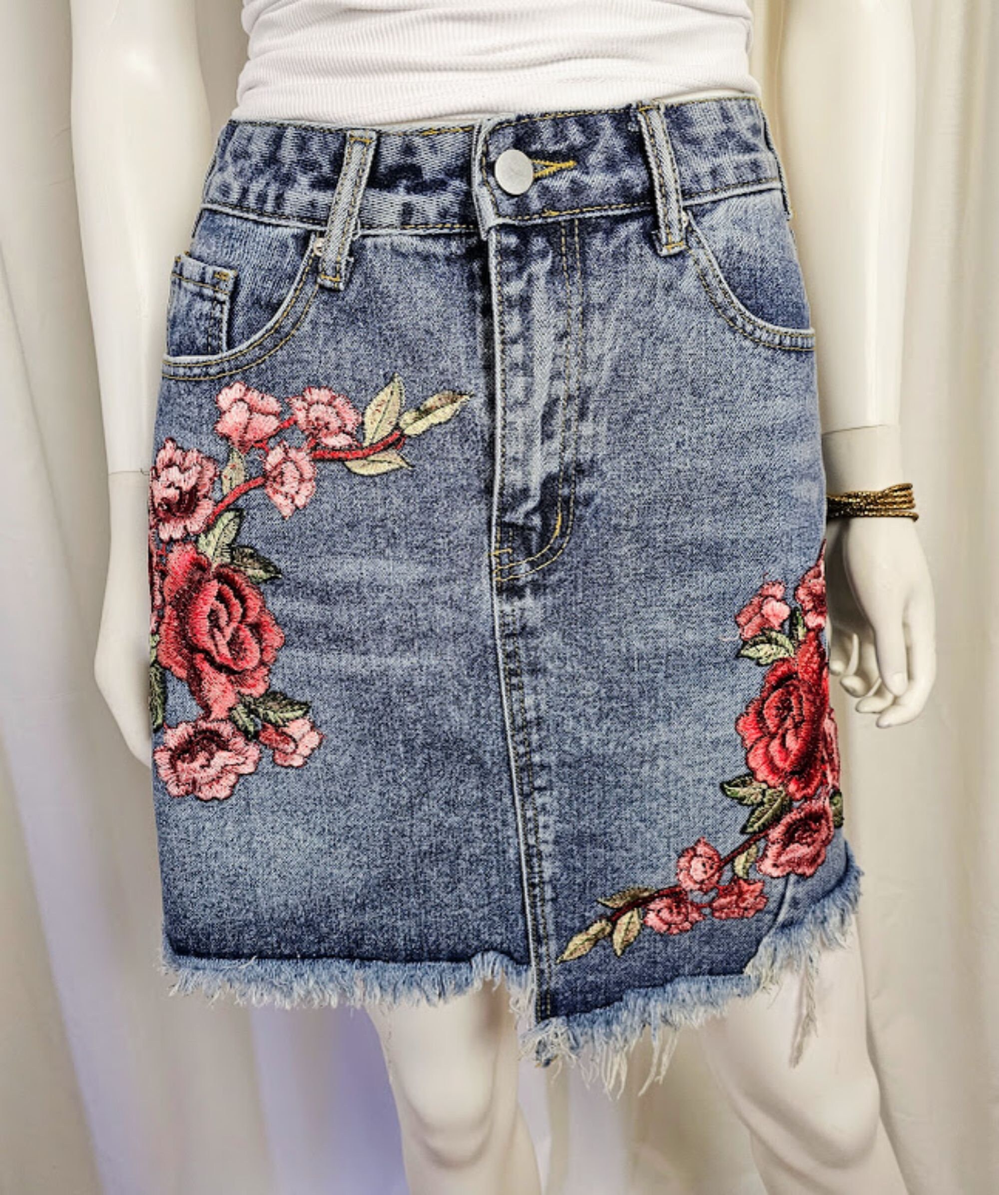 Rose Embroidery Applique Denim Mini Skirt, Asymmetrical Frayed Hem ...