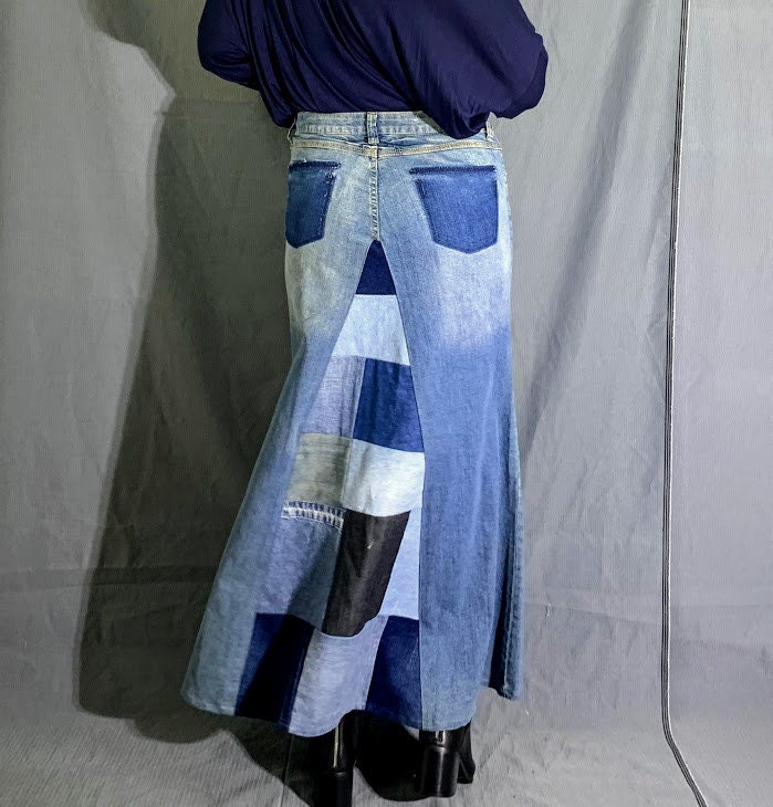 Handmade Upcycled Denim Skirt Patchwork Stretch Denim Long Skirt NBB49 ...