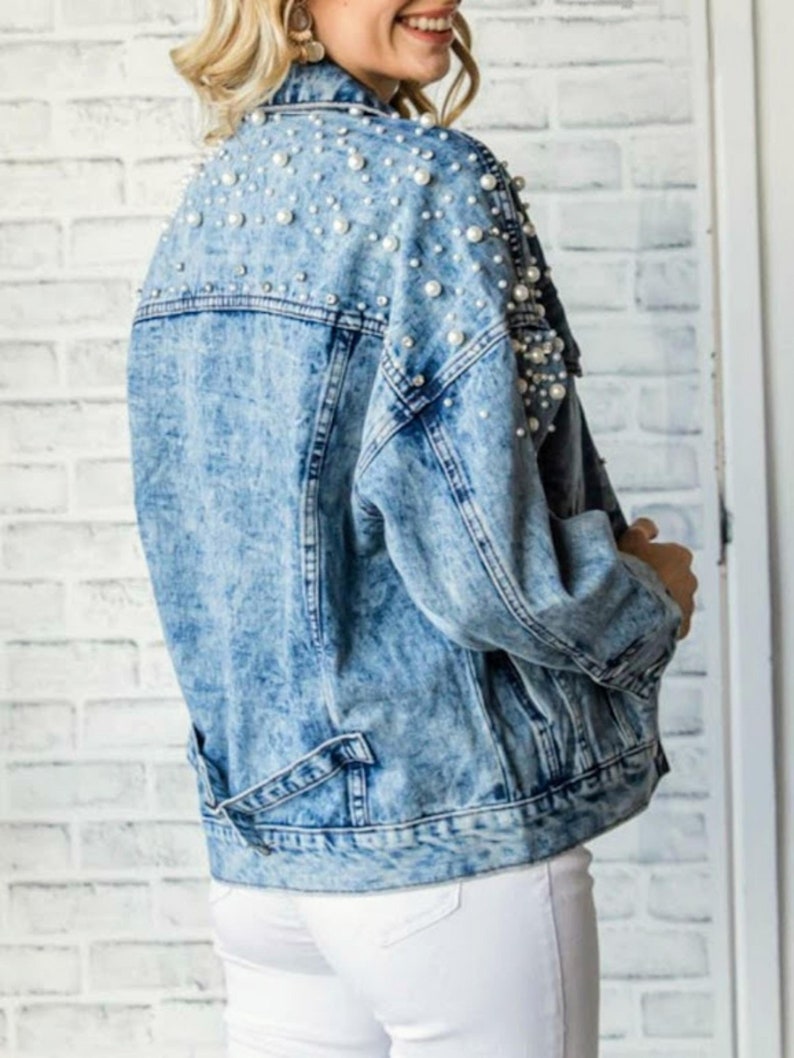 Plus Size Women's Pearl Rhinestones Embellished Denim Tucker Jacket ...