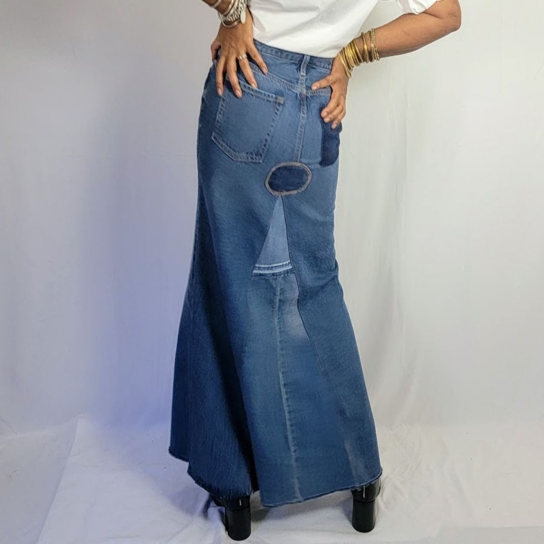 Patched Denim Maxi Skirt, Flared Mermaid Style Jean Skirt, Frayed ...