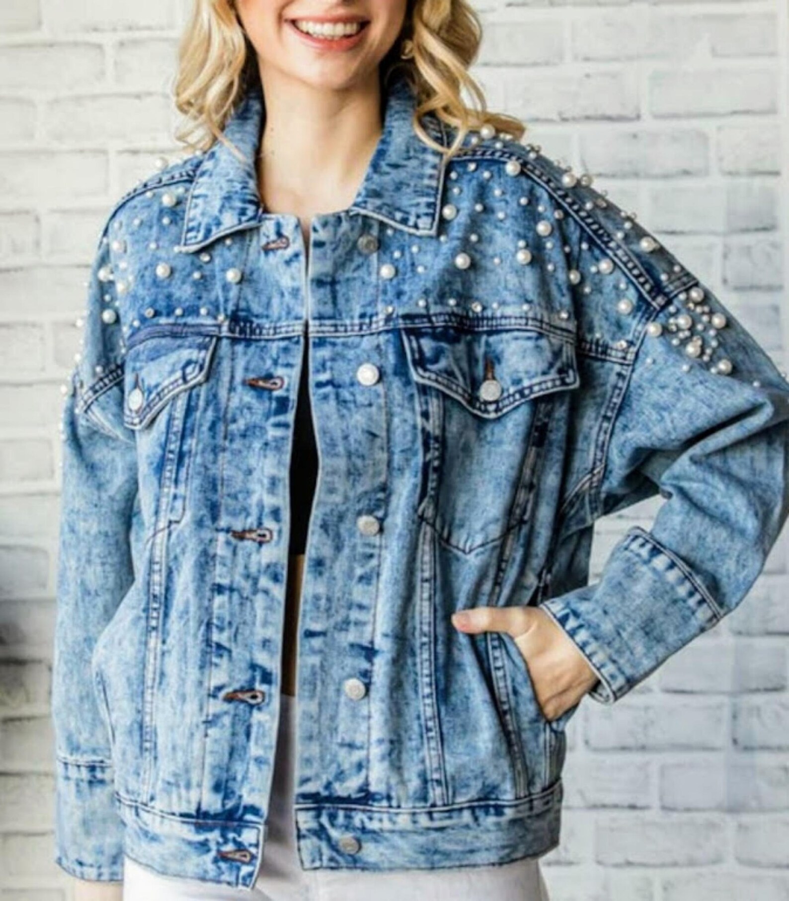 Plus Size Women's Pearl Rhinestones Embellished Denim Tucker Jacket ...