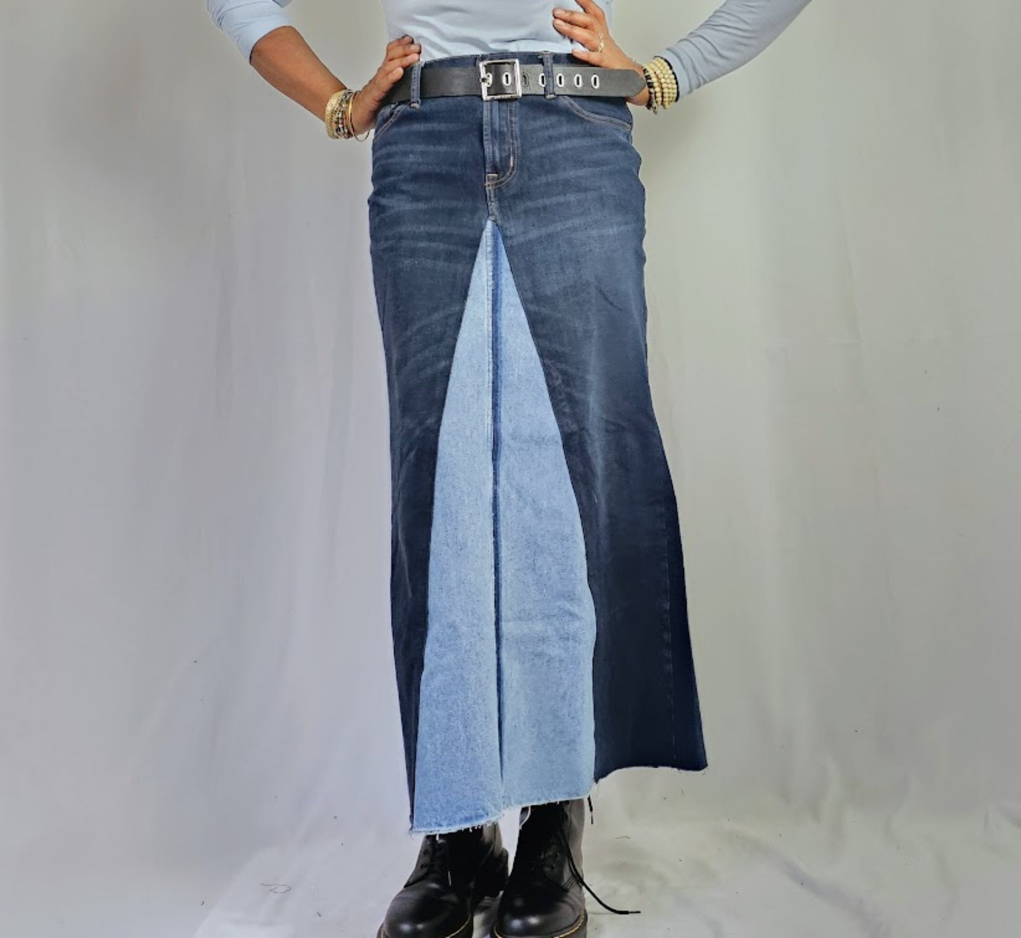 Two Tone Denim Maxi Skirt, Customized Hand Pieced Patchwork Long Jean ...