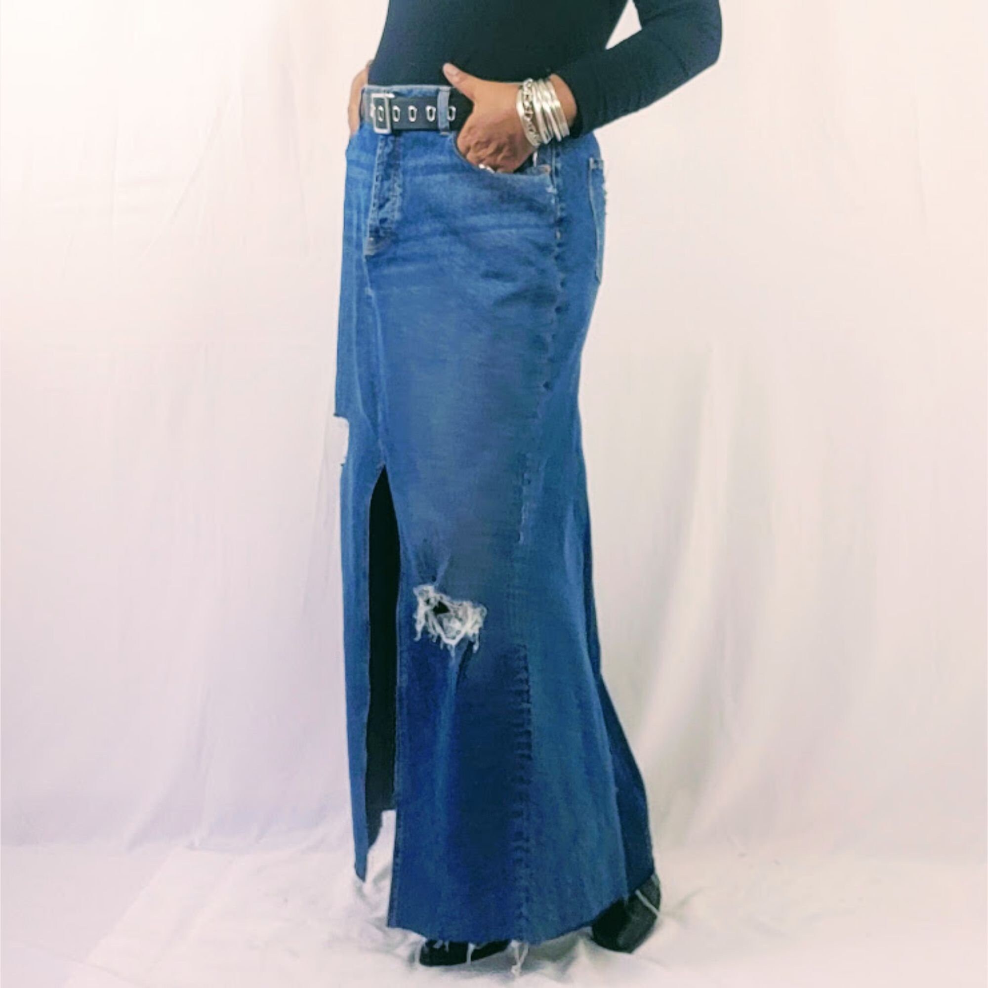 Front Slit Ripped Denim Maxi Skirt Frayed High Waist Distressed Jean ...