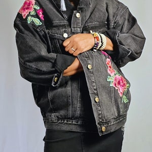 Plus Size Black Floral Embroidered Applique Customized Cotton Jean ...